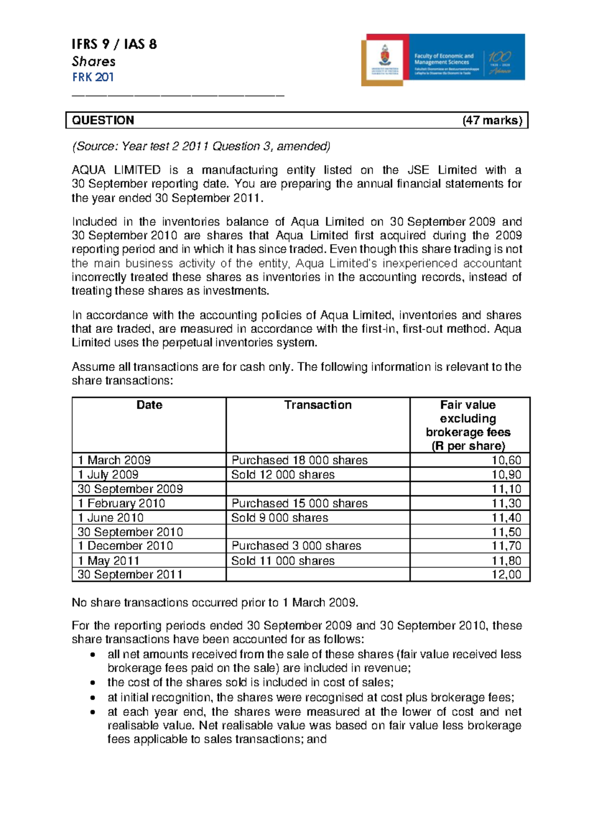 Aqua Question - IFRS 9 / IAS 8 Shares FRK 201
