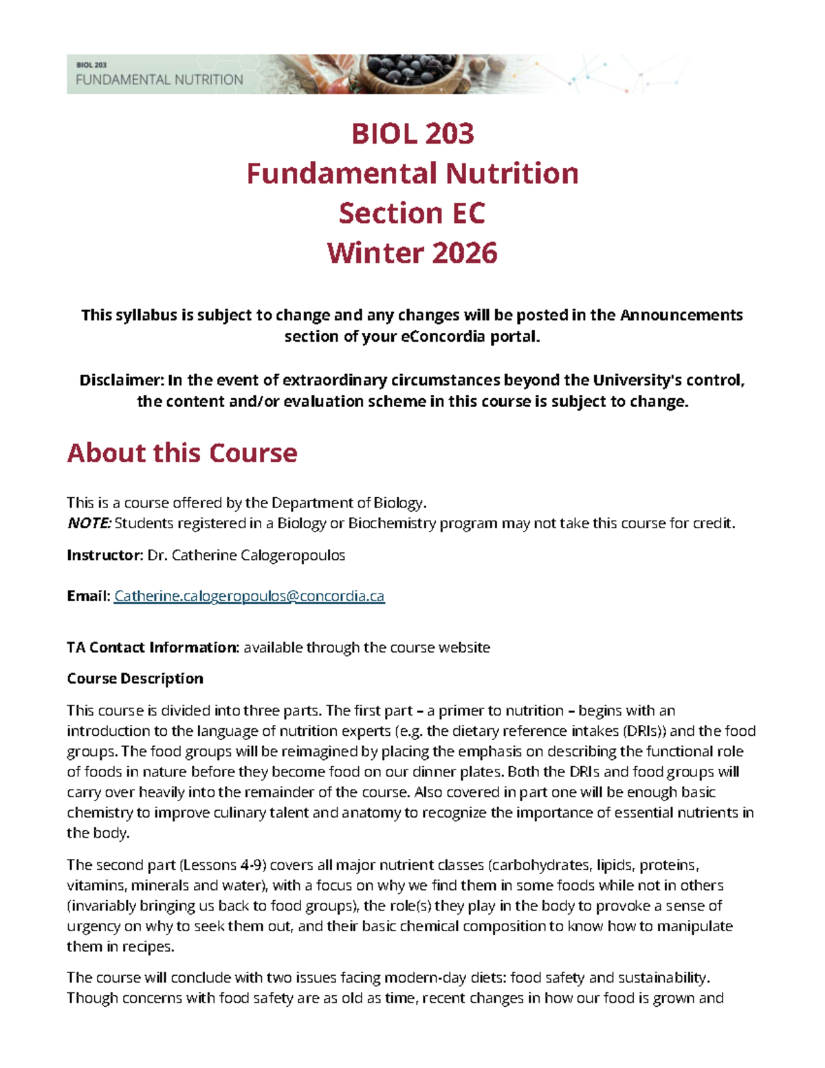 BIOL 203 Fundamental Nutrition Course Outline Winter 2026 - Studocu