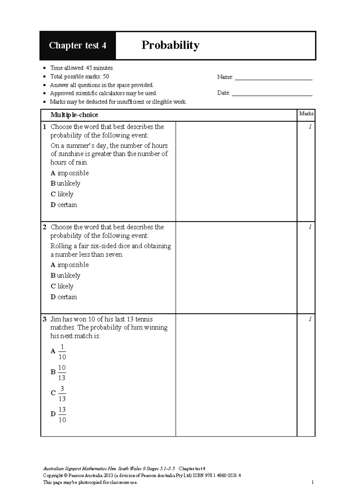 Probability Topic Test - Australian Signpost Mathematics New South ...