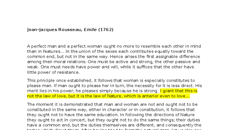 Rousseau, Emile (1762) - Gender Roles and Education in Society - Studocu