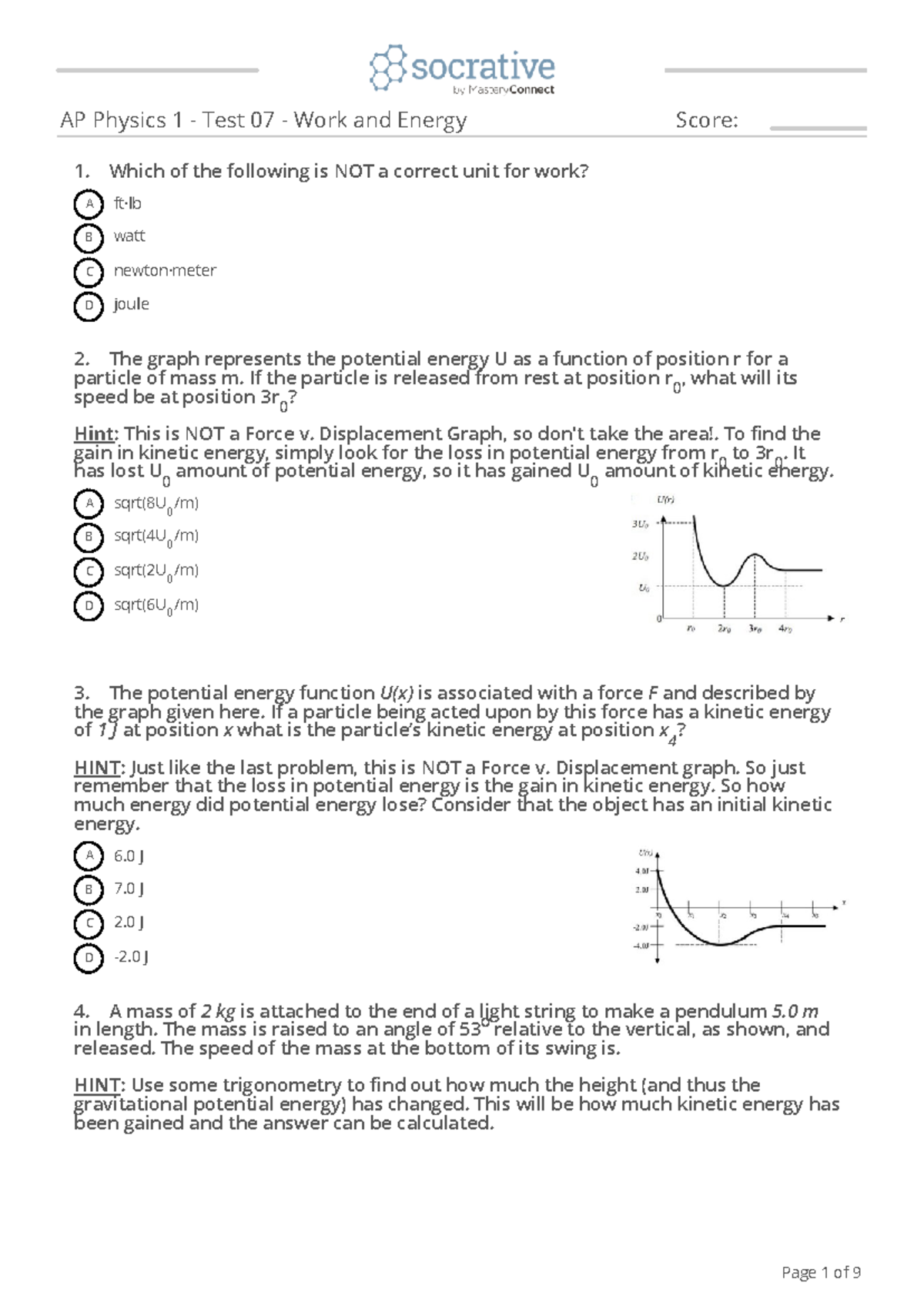 AP Physics 1 - Test 07 - Work and Energy Questions and Answers - Studocu