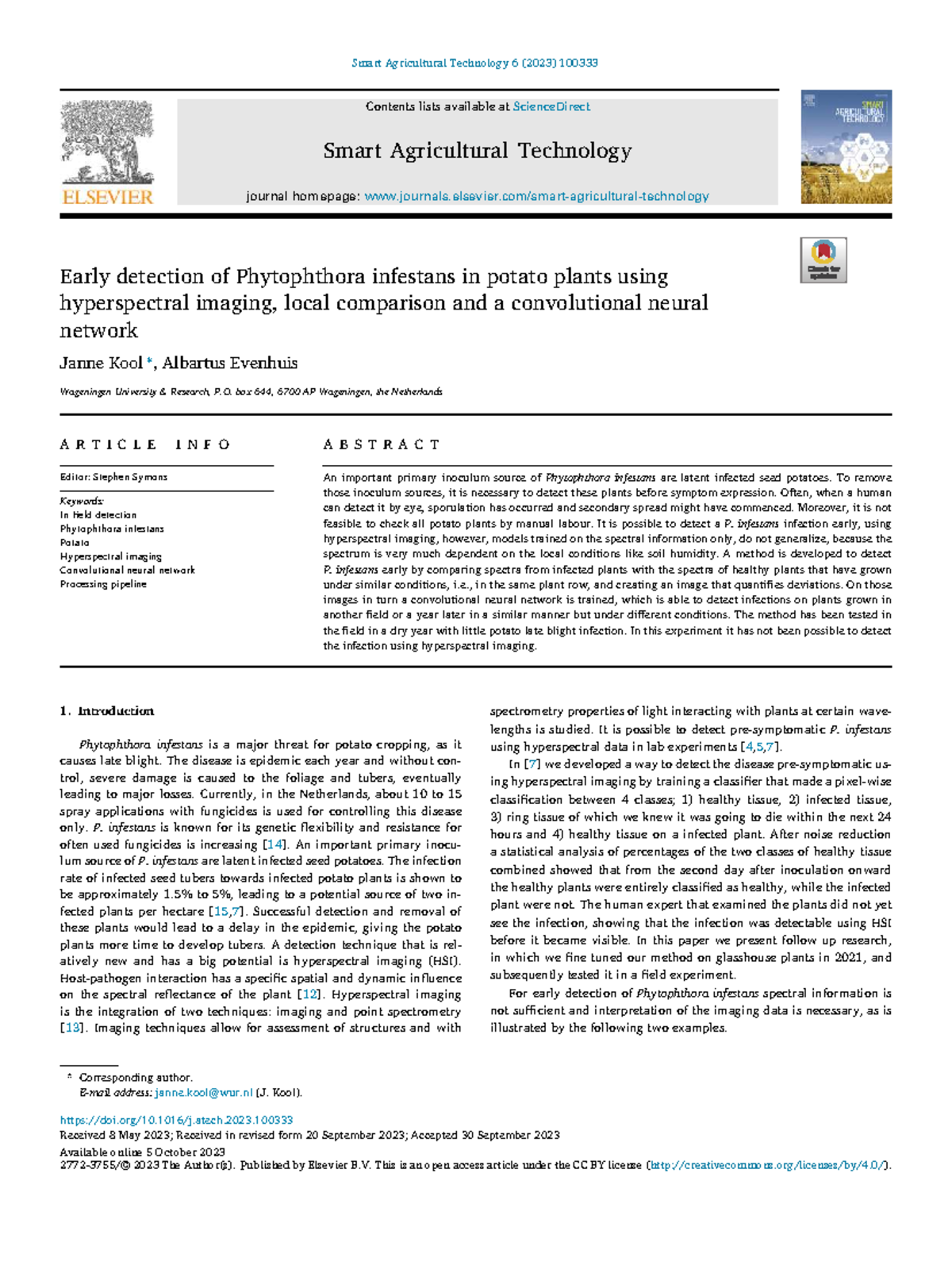 Early Detection of Phytophthora infestans in Potatoes Using ...