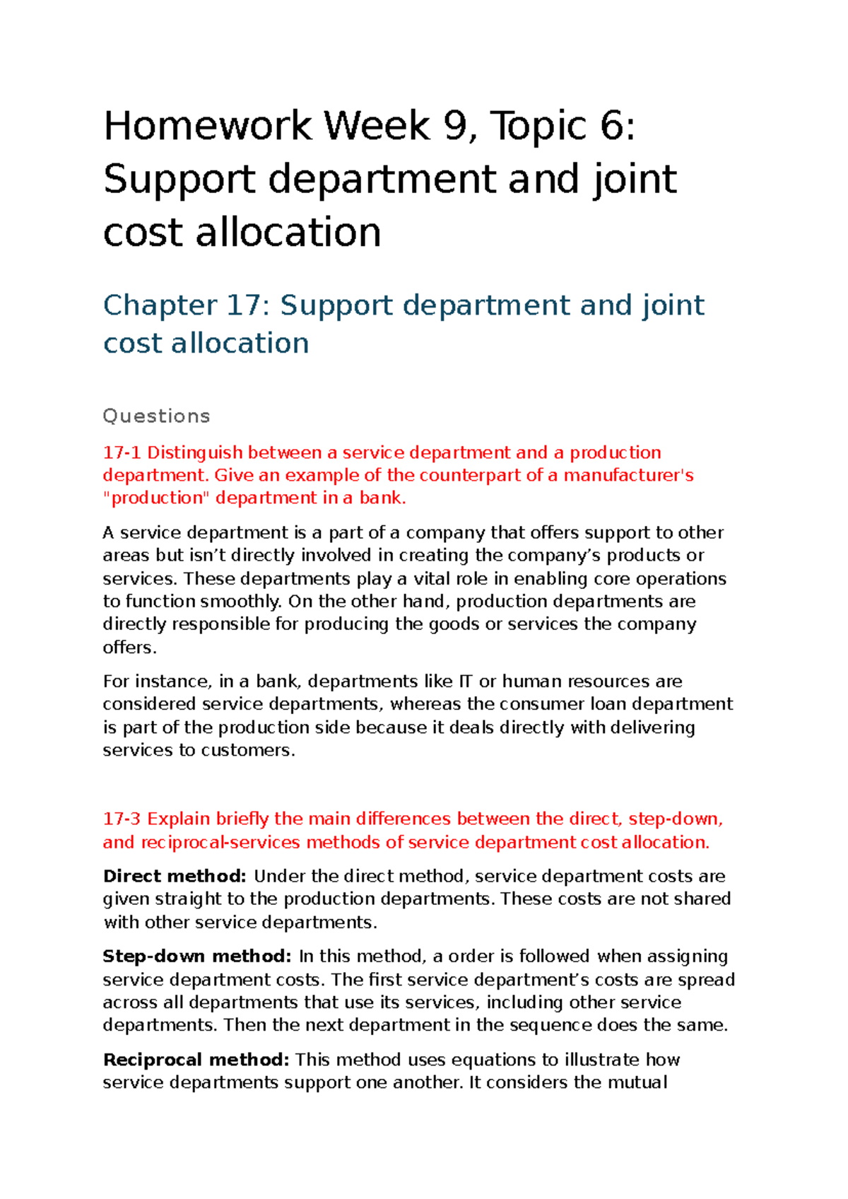 T6 Homework Wk 9: Support Dept & Joint Cost Allocation Insights - Studocu