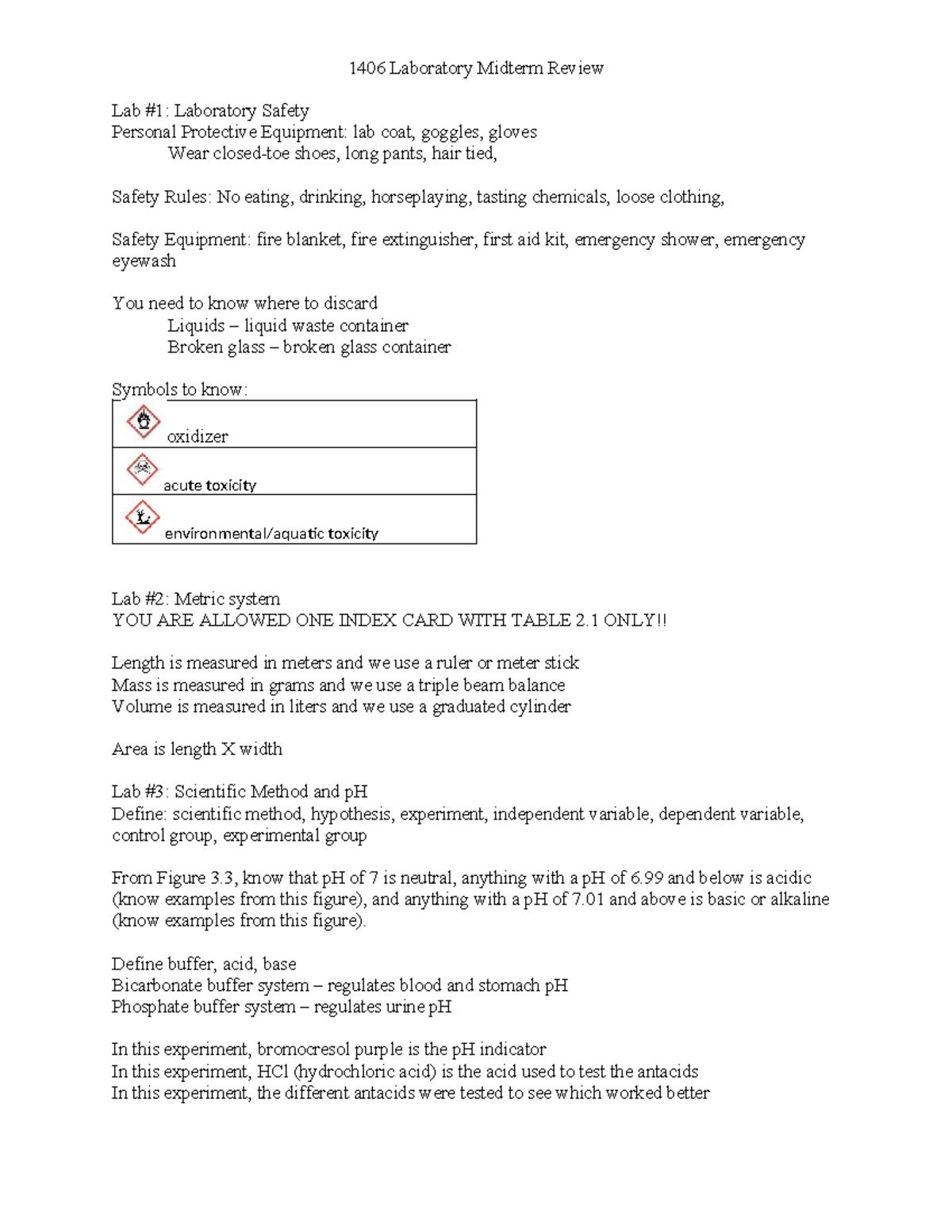 1406 Laboratory Midterm Review: Safety, Microscopy & Bio Molecules ...