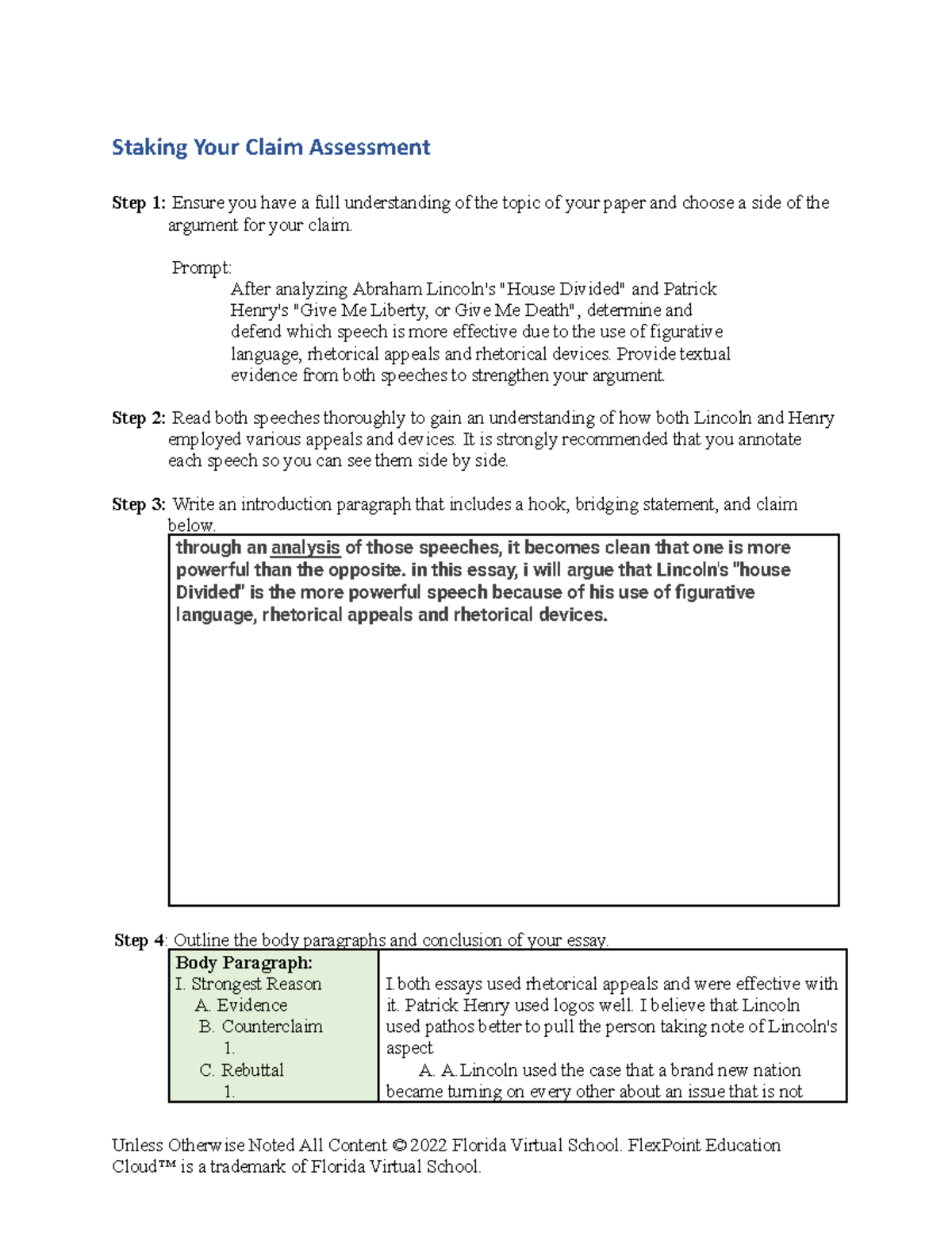 Staking your claim assess rubric - Staking Your Claim Assessment Step 1 ...