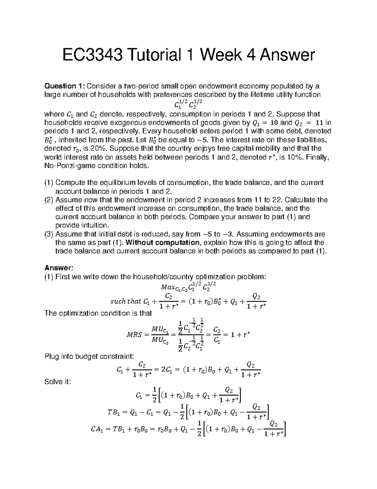 EC3343 Tutorial 2 Week 4 Answer: Small Open Economy Analysis - Studocu