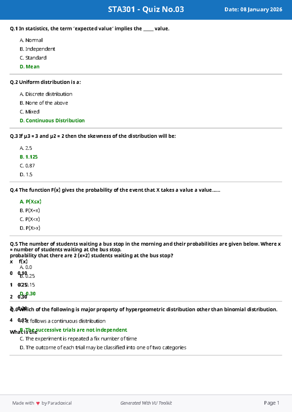 STA301 Quiz No.03 - Multiple Choice Questions (MCQs) - Studocu