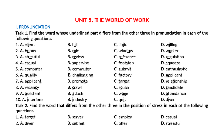 12-U5 - The World of Work I: Pronunciation & Vocabulary Tasks - Studocu