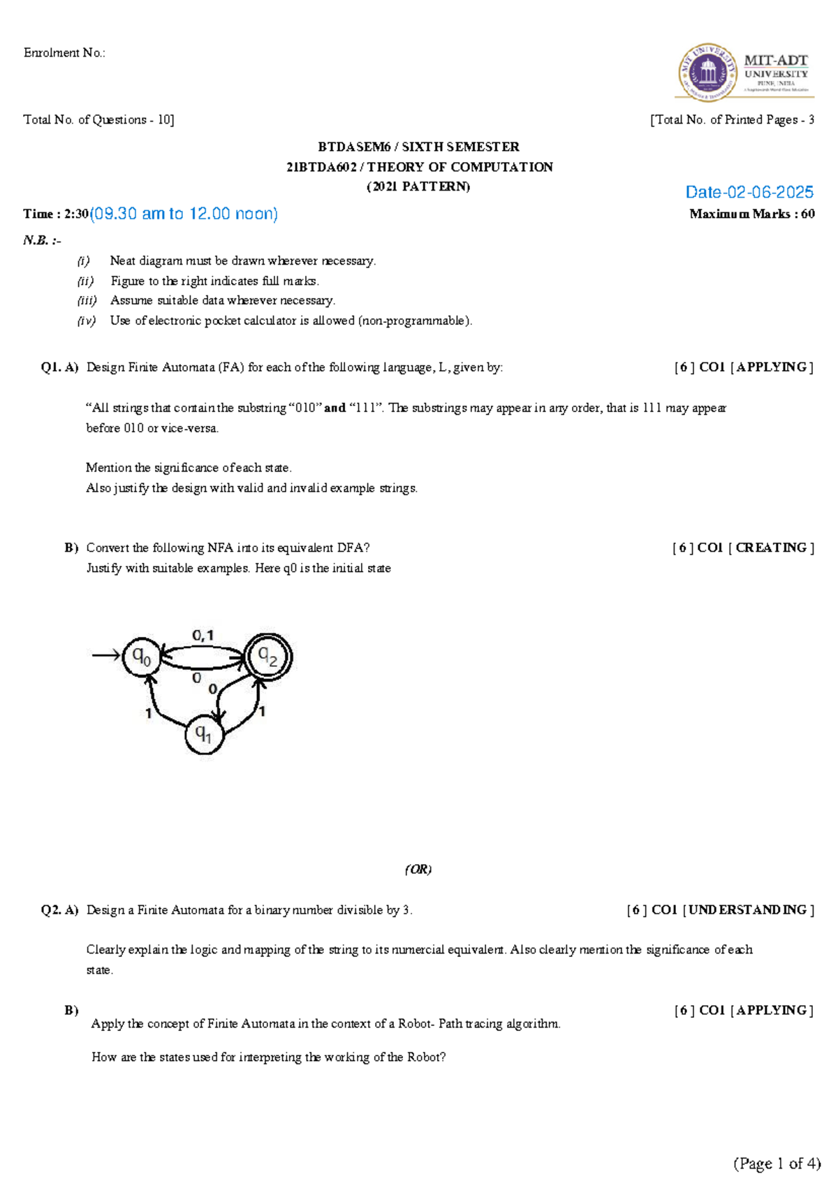 Theory of Computation Exam Paper 21BTDA602 (2024-25) - Studocu