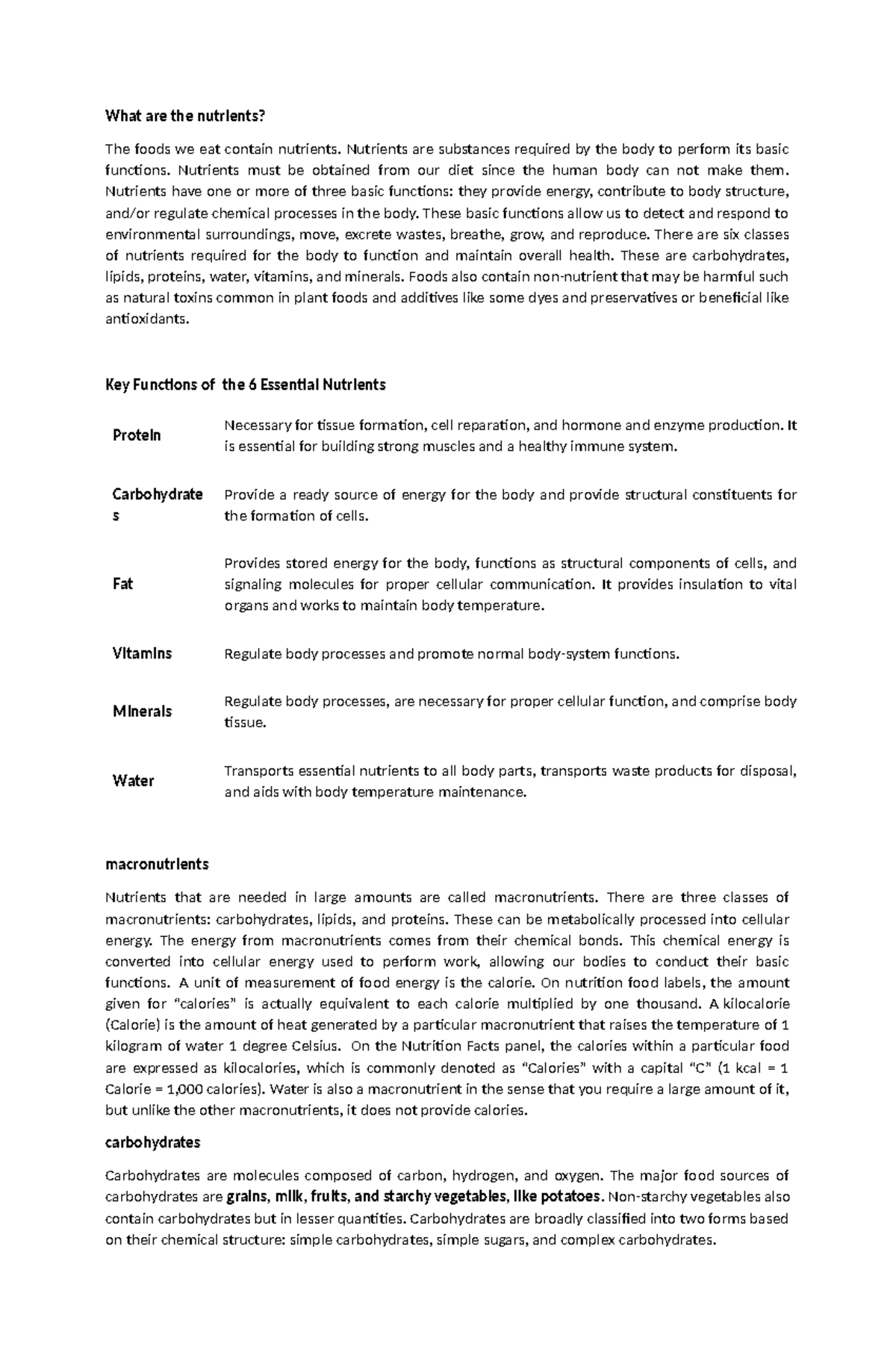 Nutrients Overview: Essential Functions and Classes Explained - Studocu