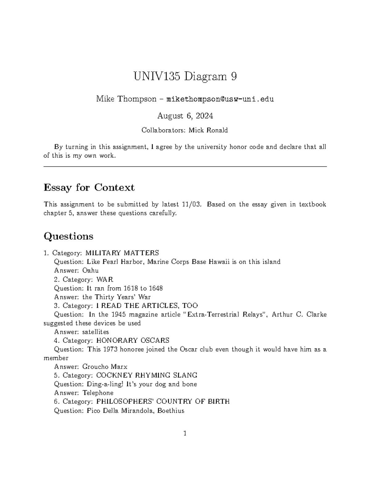 UNIV135 Essay Questions & Answers - Context Assignment - Studocu
