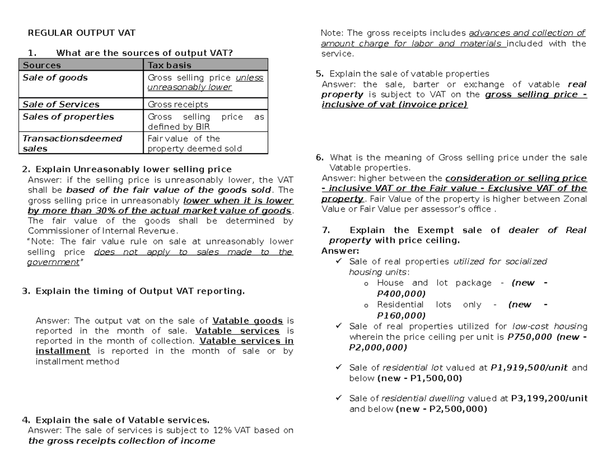 Regular Output VAT - Business taxation summary - REGULAR OUTPUT VAT 1 ...