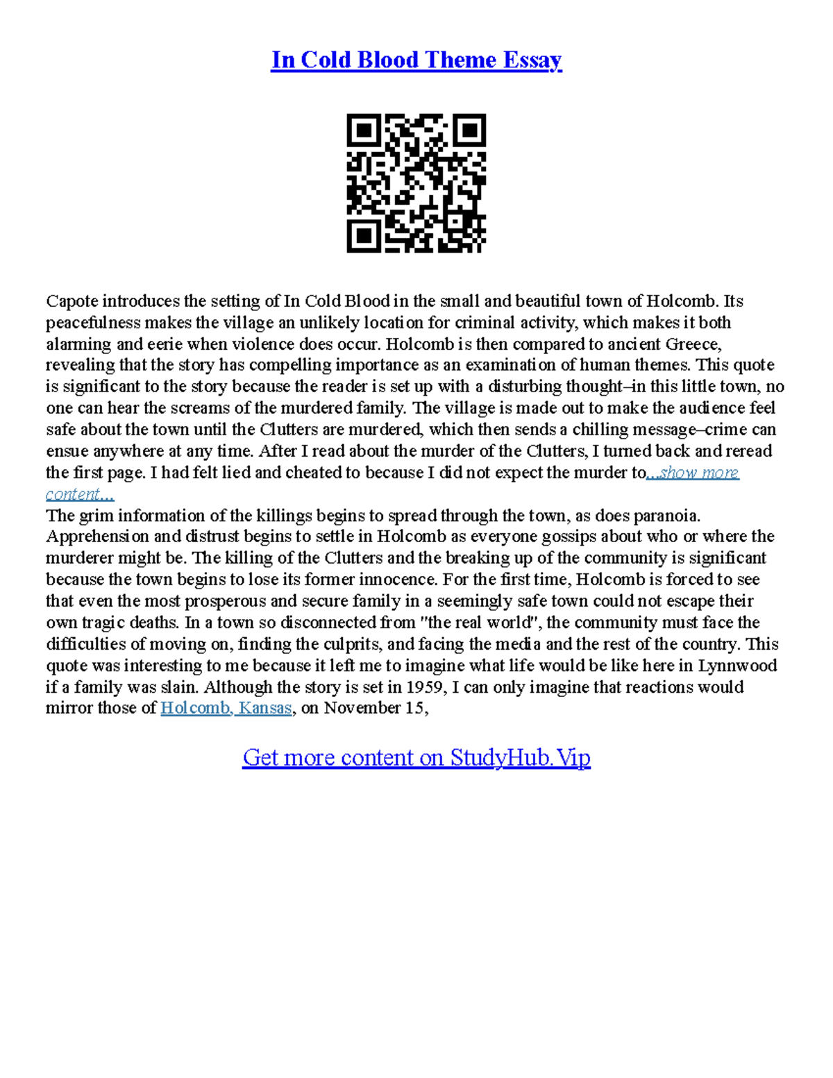 In Cold Blood: AP English Essay Topics & Analysis - Studocu