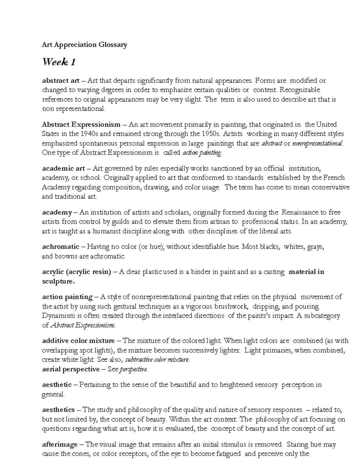 Art Appreciation Vocab Daily Quizes - Art Appreciation Glossary Week 1 ...