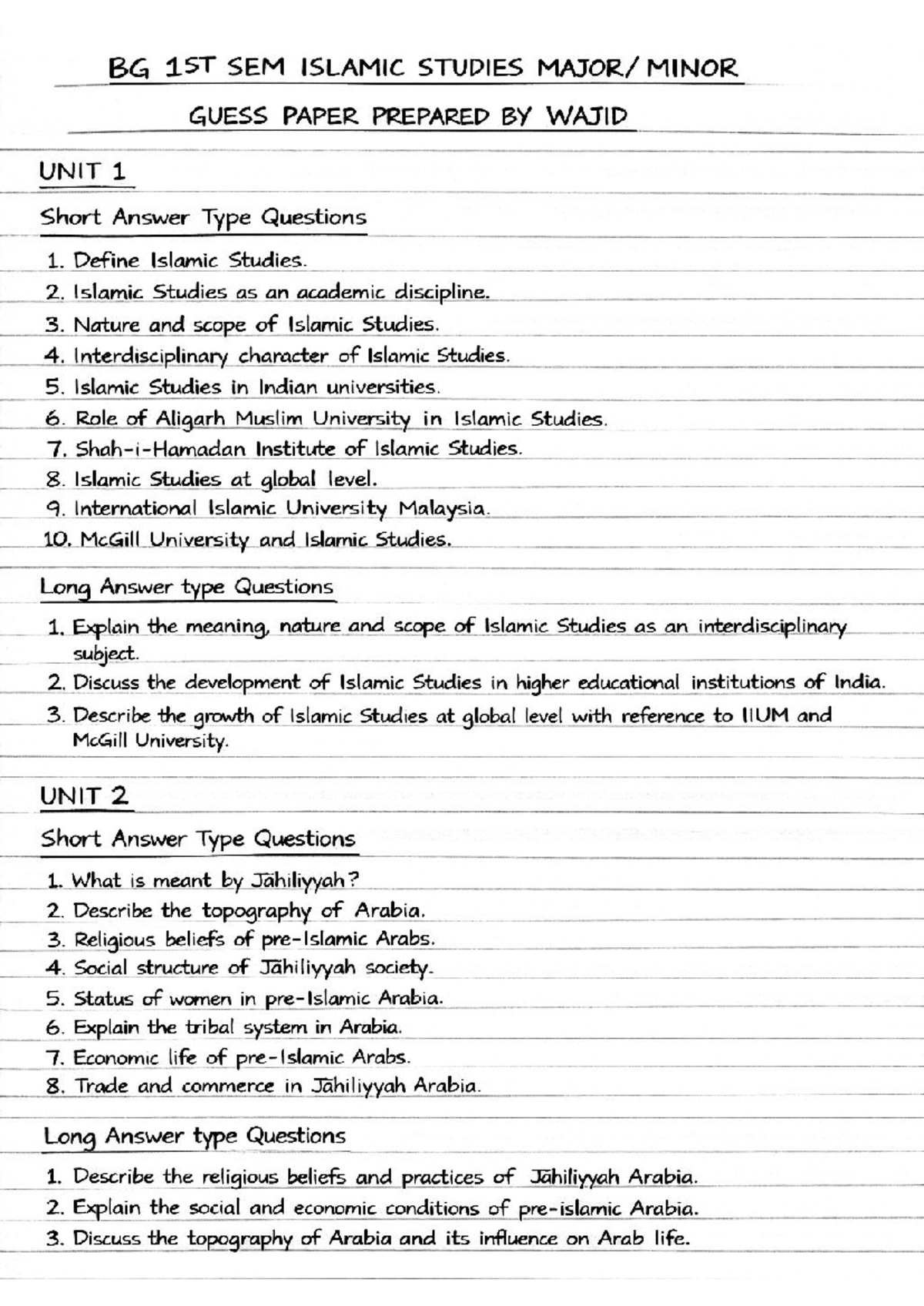 BG 1ST SEM ISLAMIC STUDIES GUESS PAPER - WAJID UNIT 1 & 2 - Studocu