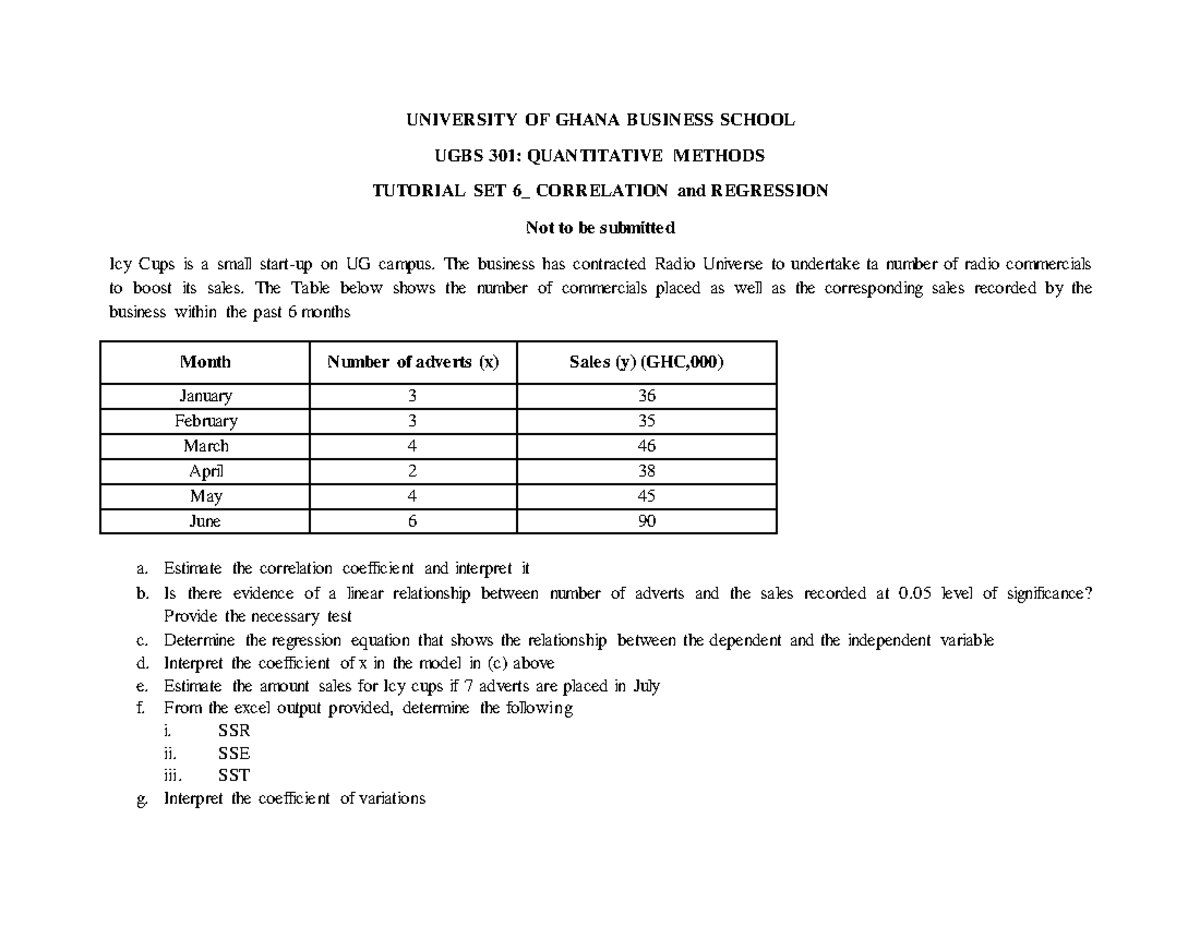 UGBS 301: Tutorial Set 6 - Correlation & Regression Analysis - Studocu