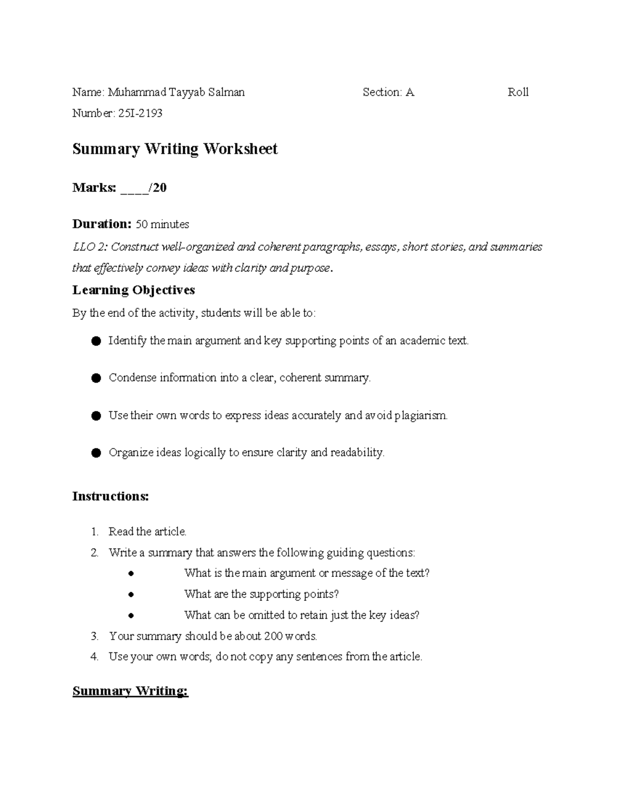 Summary Writing Worksheet: Key Skills & Objectives - Studocu