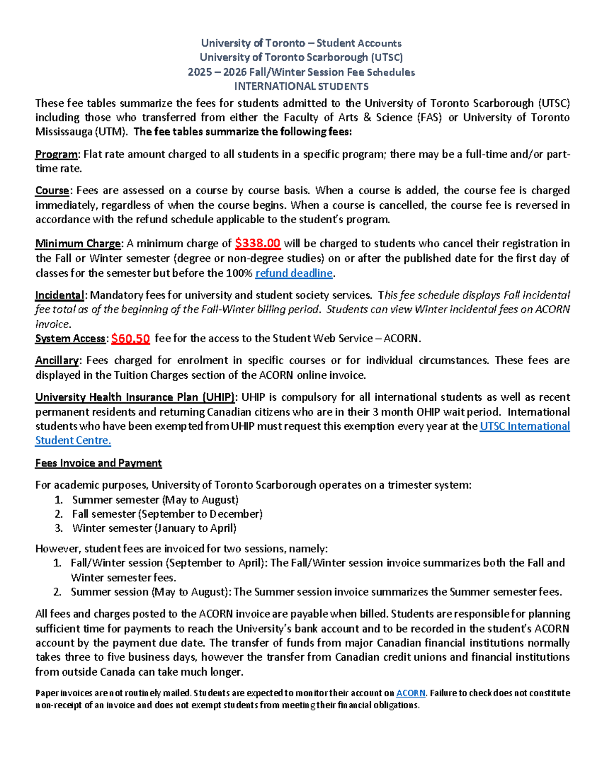 UTSC 2025-2026 International Students Fee Schedule Overview - Studocu