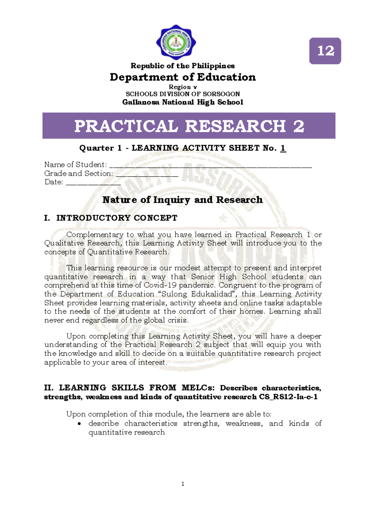 PR2 - Practical Research 2 Quarter 1 Learning Activity Sheet on ...