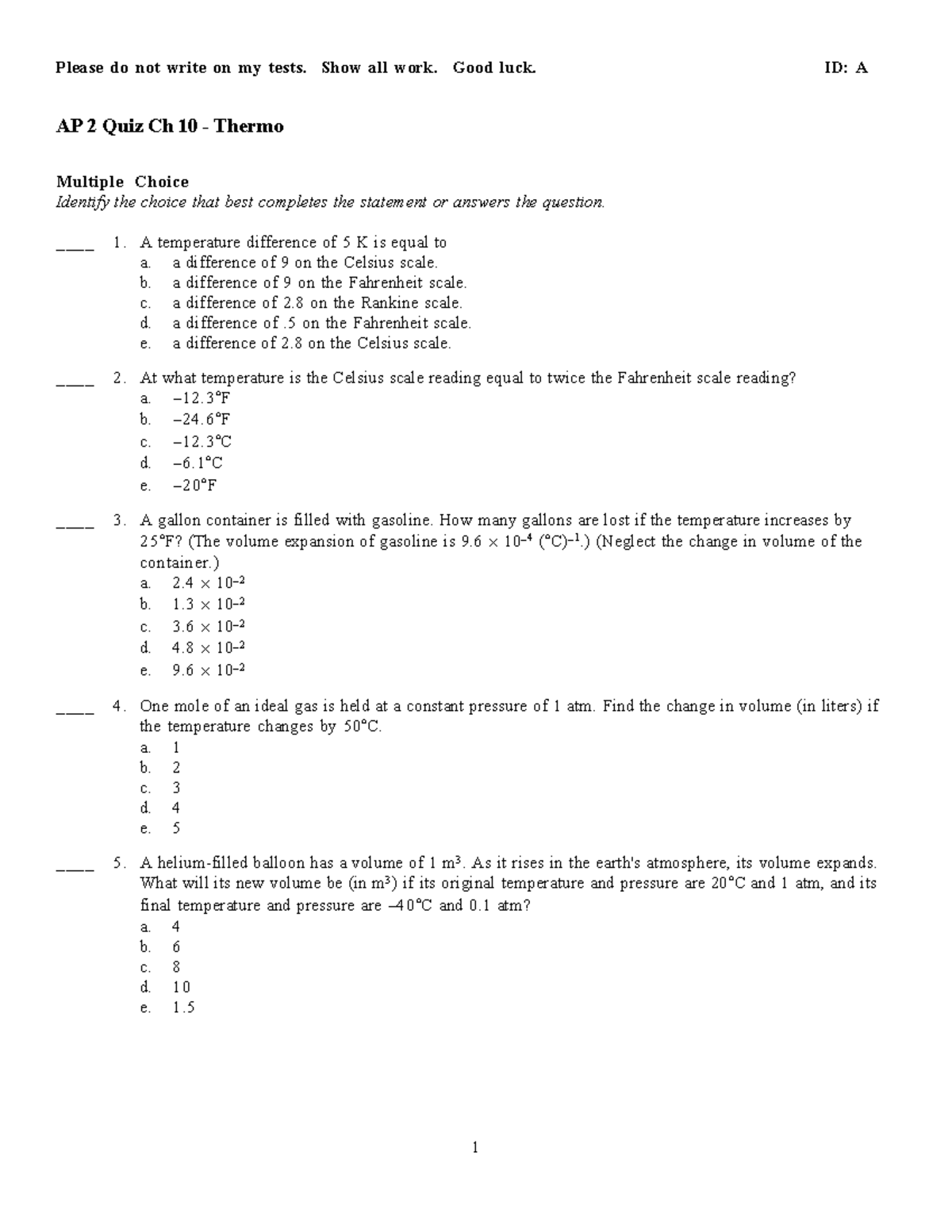 AP 2 Quiz Ch 10: Thermodynamics Multiple Choice Questions - Studocu