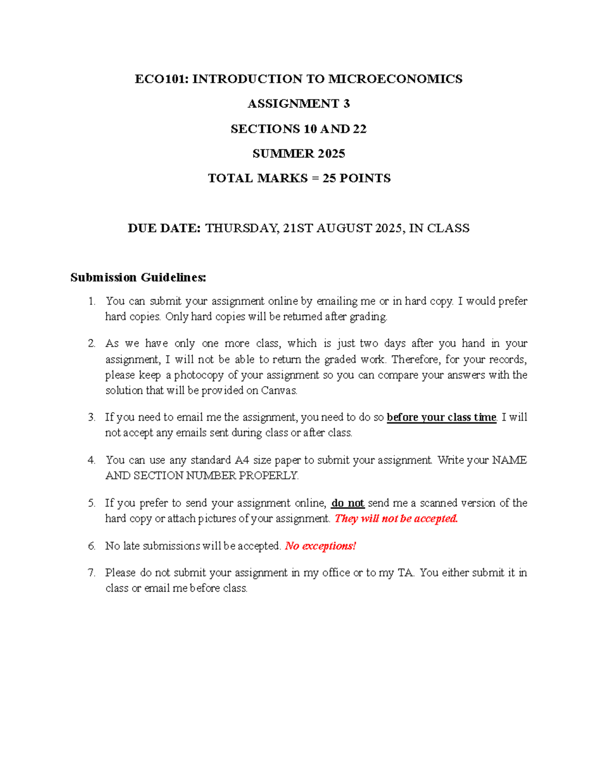 Eco101 Microeconomics Assignment 3 Sections 10 22 Summer 2025