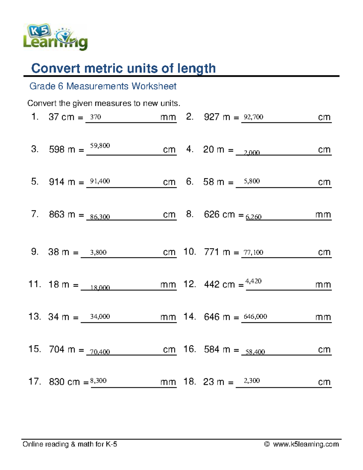 Grade 6 Measurements Worksheet - Converting Metric Length Units - Studocu