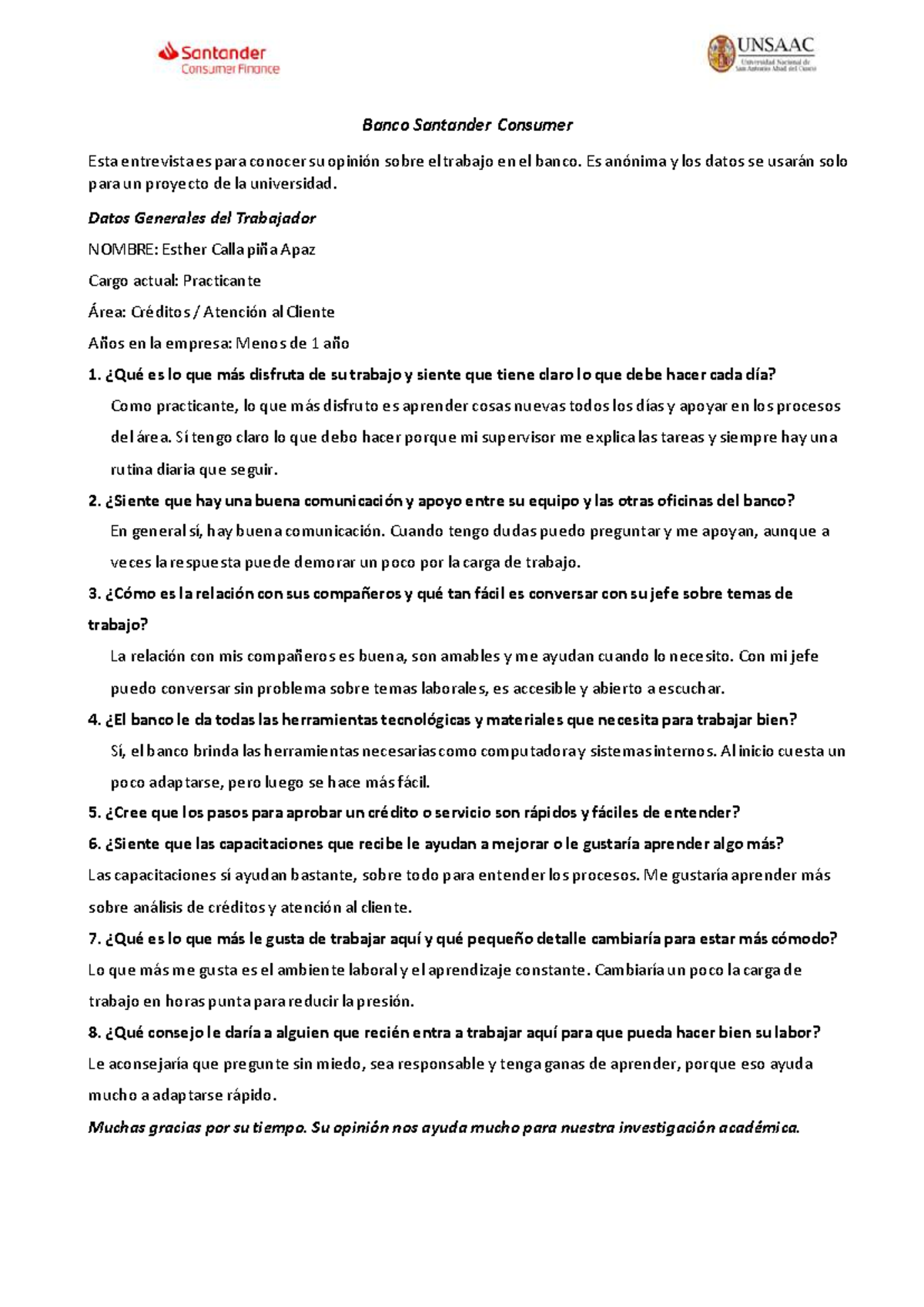 Entrevista a Esther Callapiña Apaza - Practicante en Banco Santander ...