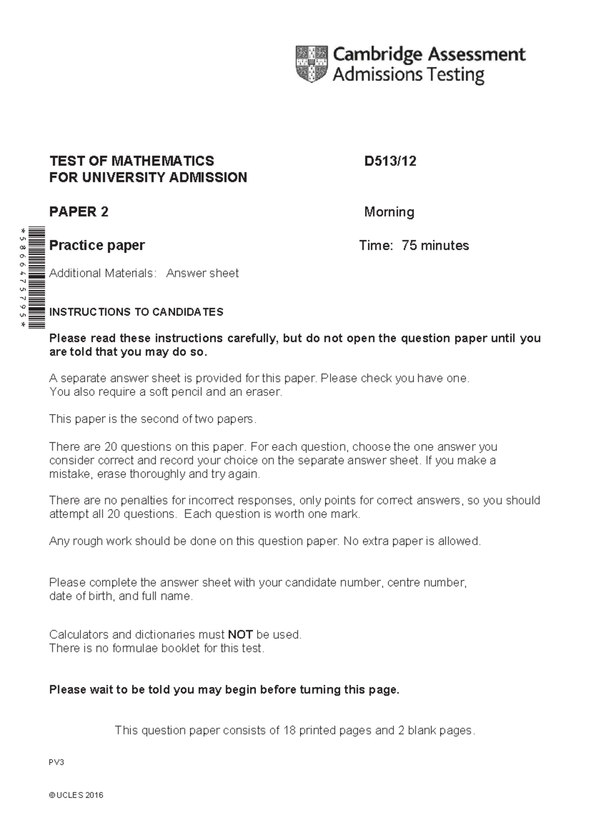 TMUA Admission Test Practice Paper 1 - Morning Session - Studocu