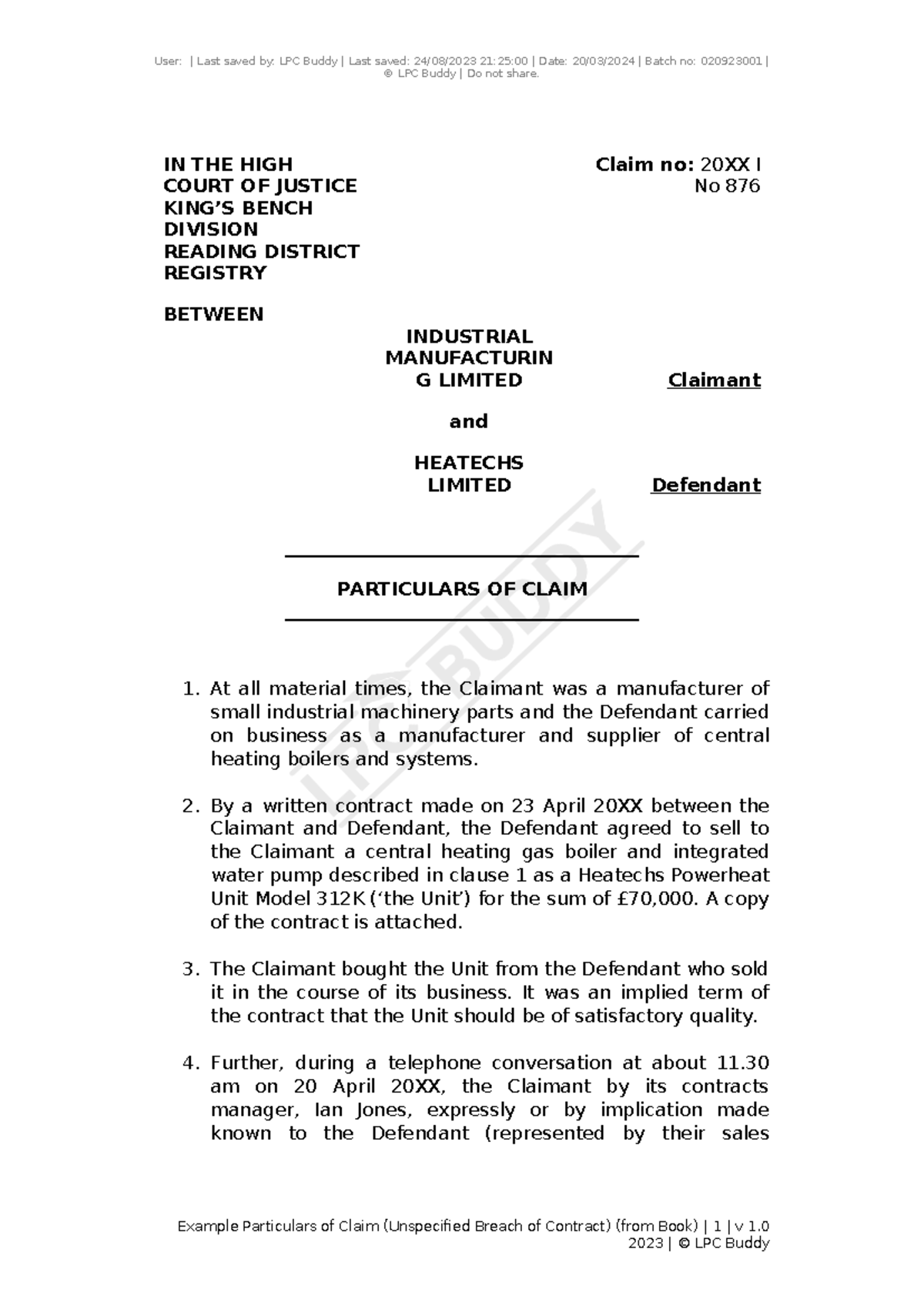 Example Particulars of Claim (Breach of Contract) - Claim No: 20XX I ...