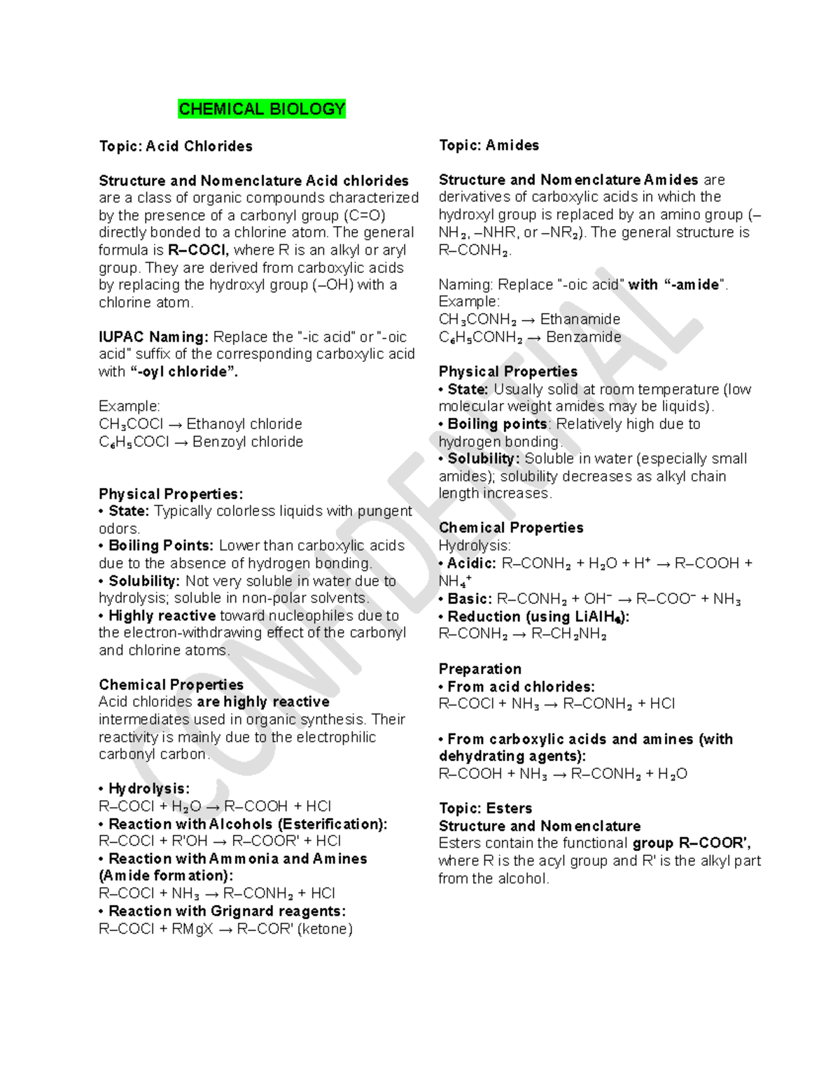 Chemical Biology 2SEM Reviewer: Acid Chlorides, Amides, Esters, and ...