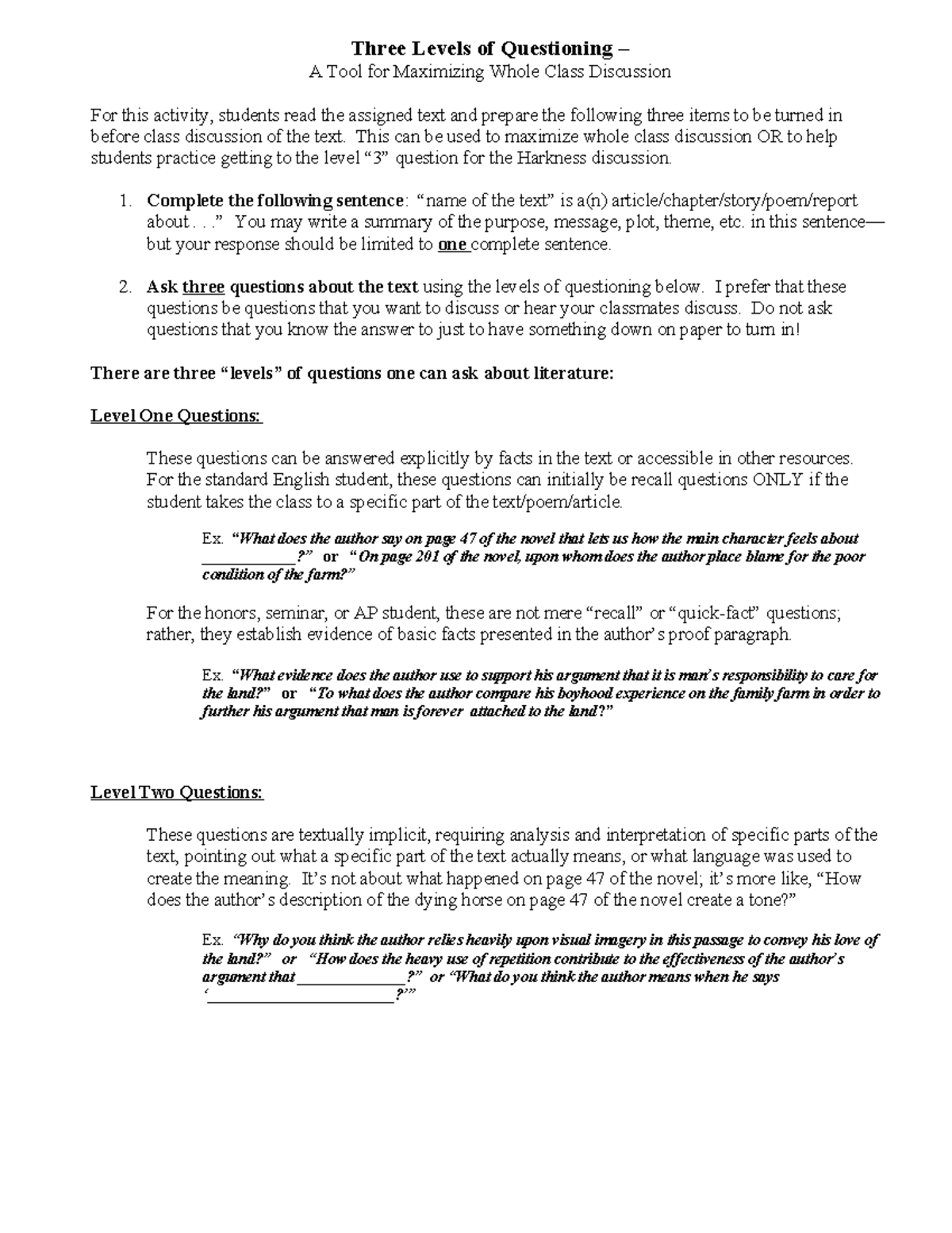 Levels of Questioning Activity - Three Levels of Questioning – A Tool ...