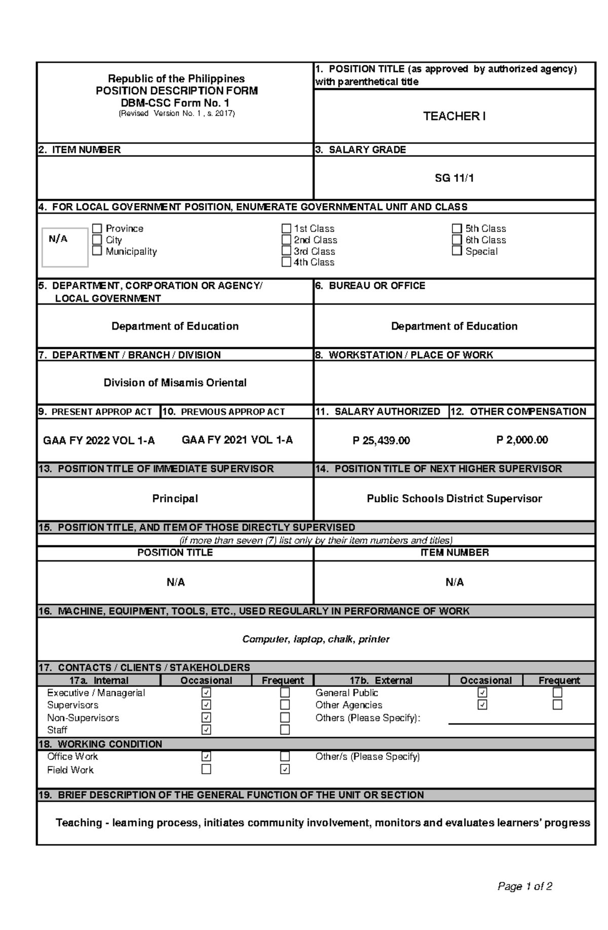 Teacher I Position Description Form (Revised 2017) - DBM CSC Form No. 1 ...