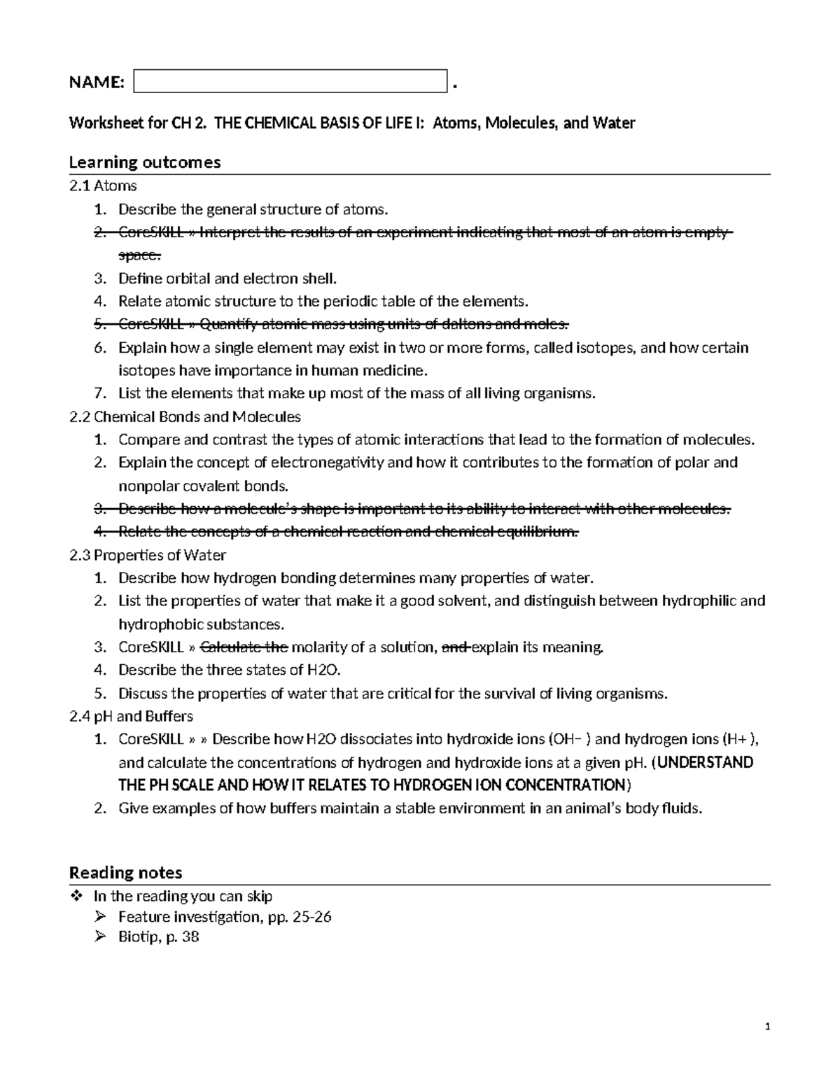 BIOL 1033 D'Abundo 6th Ed Ch02 worksheet 1-25 - NAME:. Worksheet for CH ...