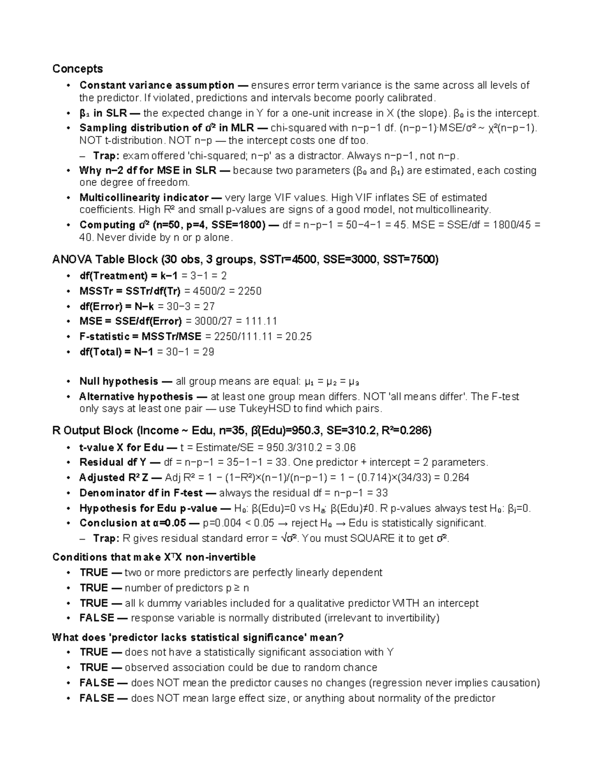 Mod1&2 Notes: Key Concepts in SLR, MLR, and ANOVA Analysis - Studocu
