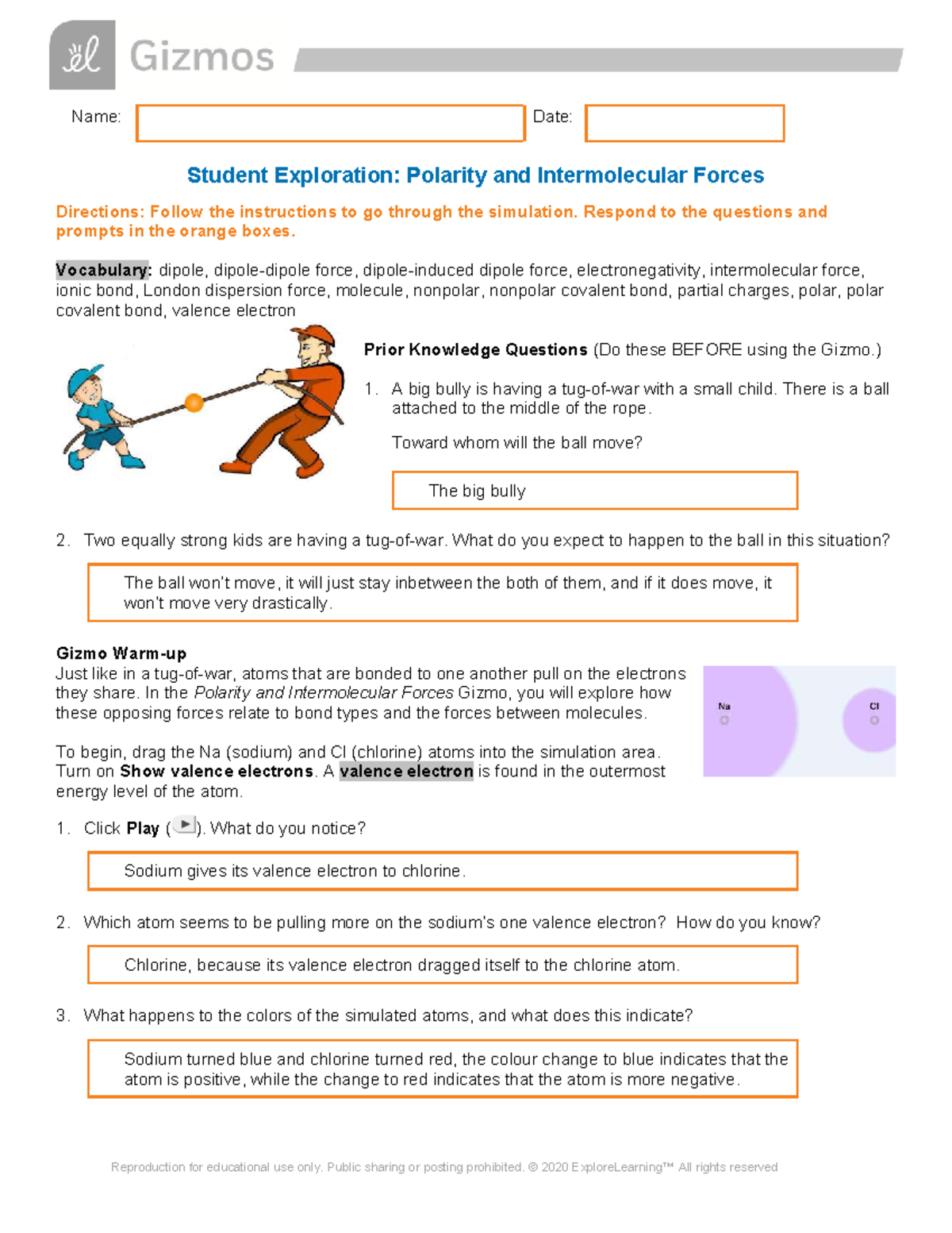 Copy of 1.8 Intermolecular Forces Gizmo Worksheet: Exploring Polarity ...