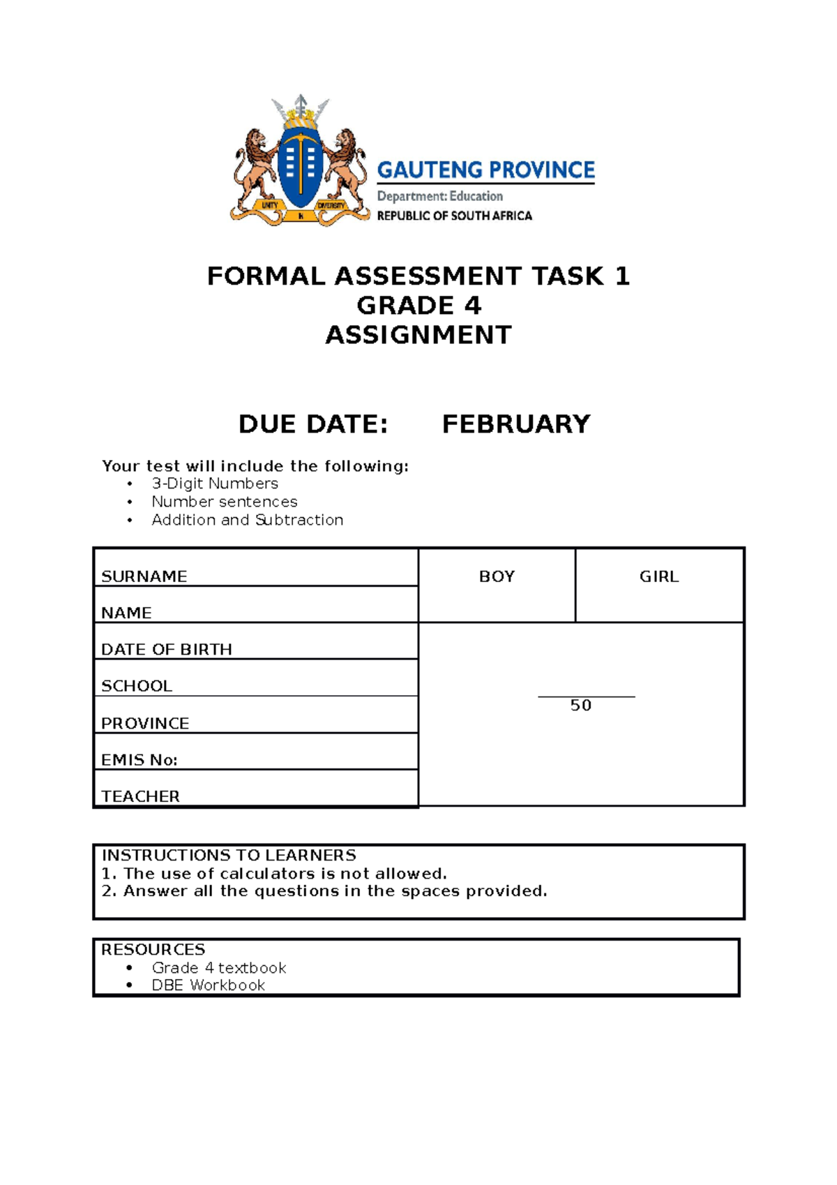 Grade 4 Formal Assessment Assignment Task 1 - Math Concepts - Studocu