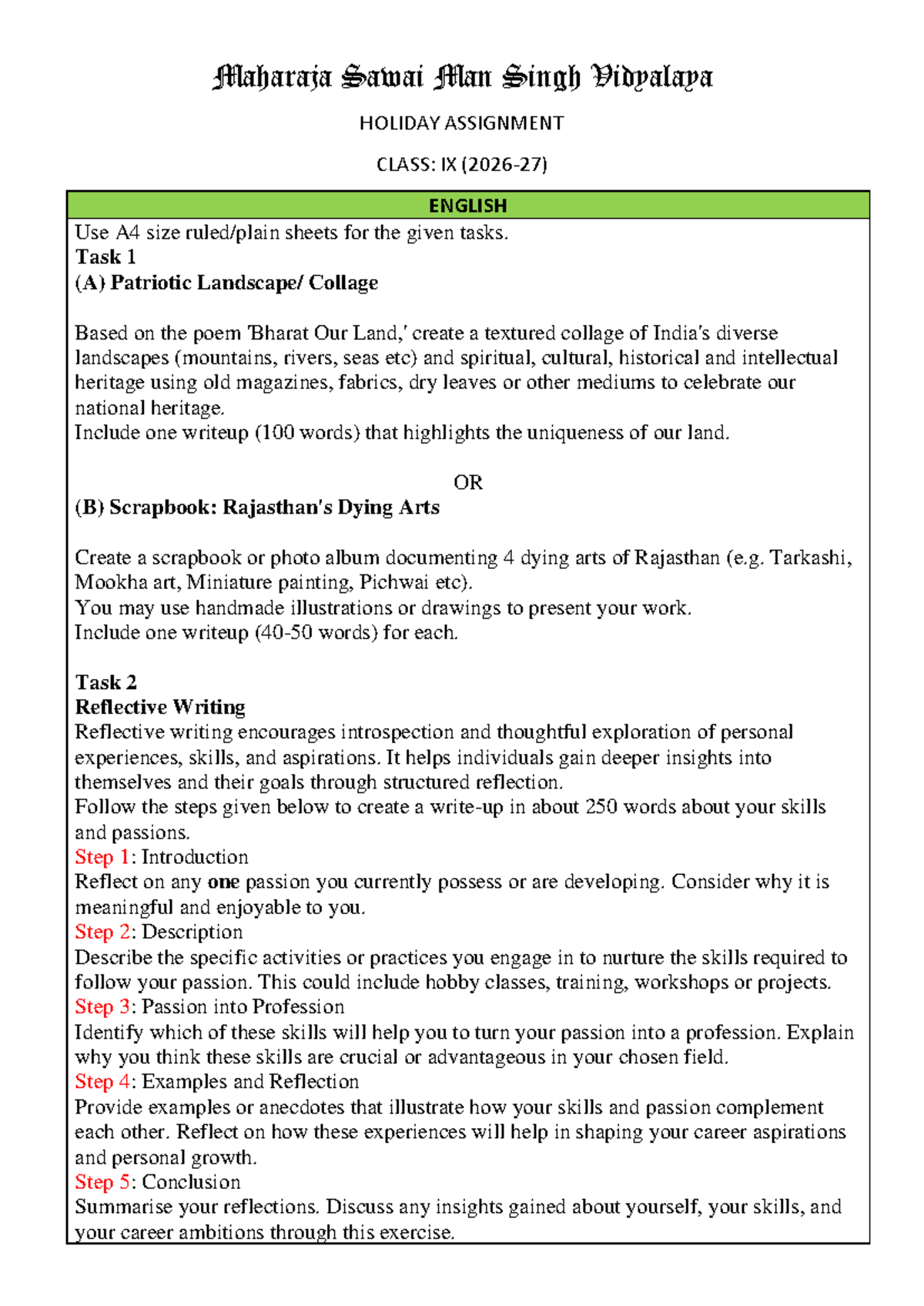 Class IX Holiday Assignment 2026-27: Creative Projects and Reflections ...