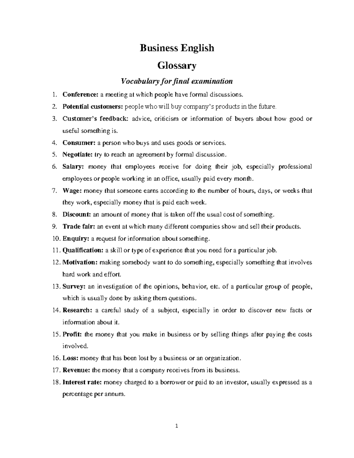 Glossary 2023 - Business English Glossary Vocabulary for final ...