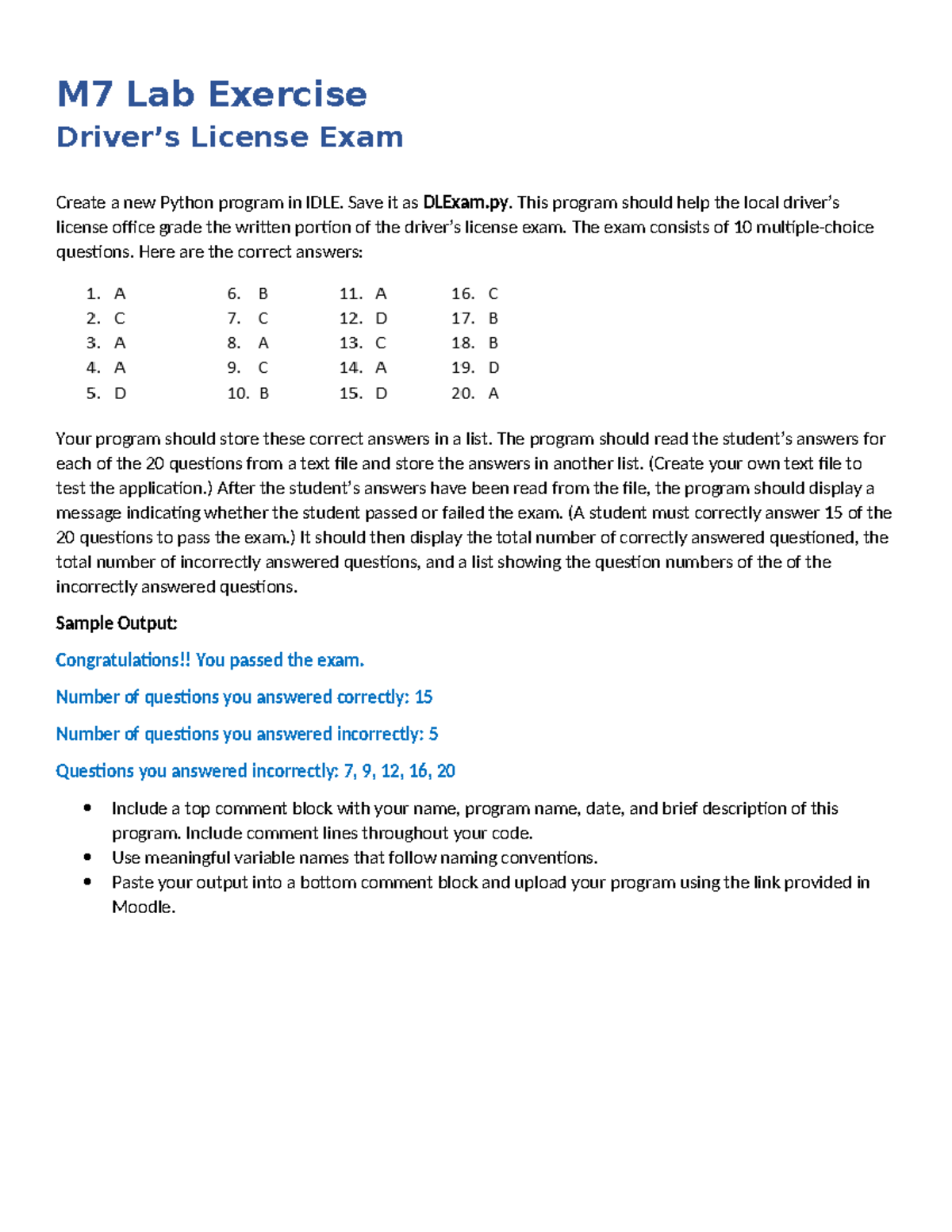 M7 Lab Exercise: Python Grading Program for License Exam - Studocu