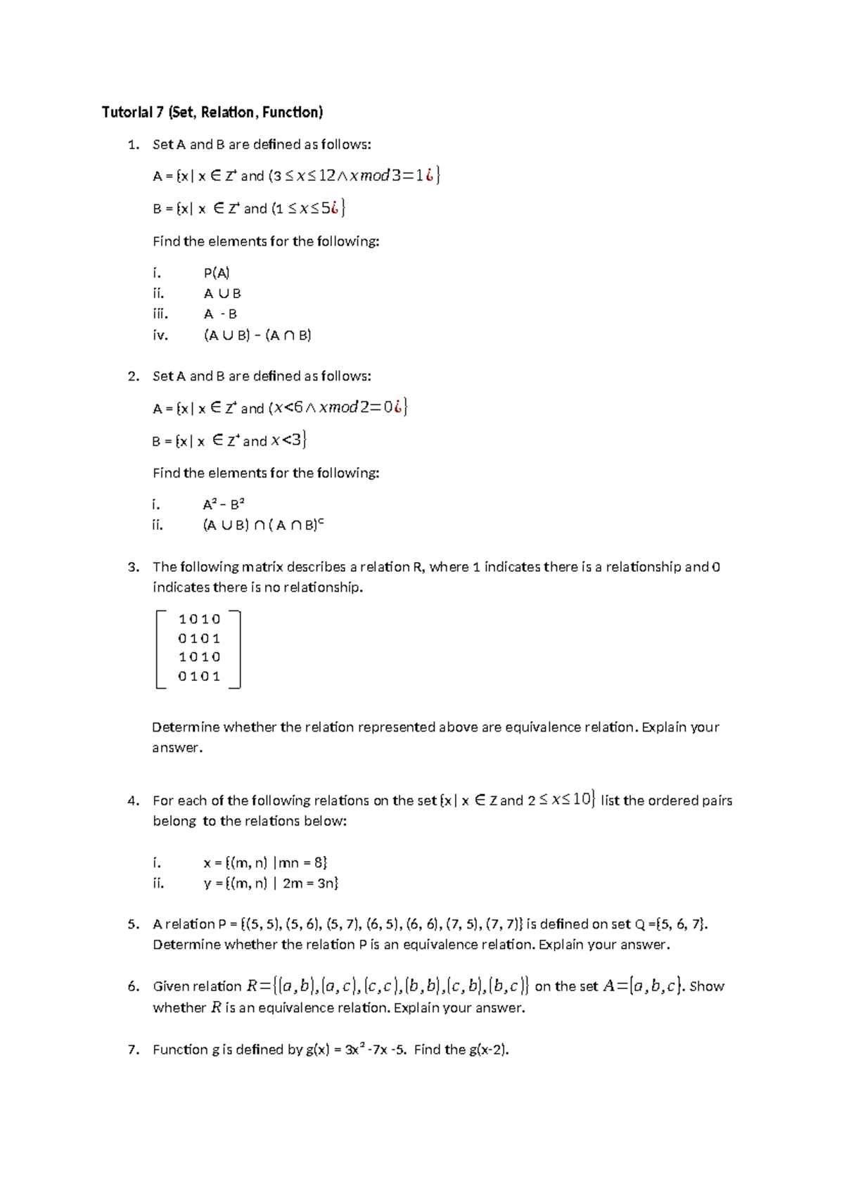 Tuto7 - set, relation, function - Tutorial 7 (Set, Relation, Function ...