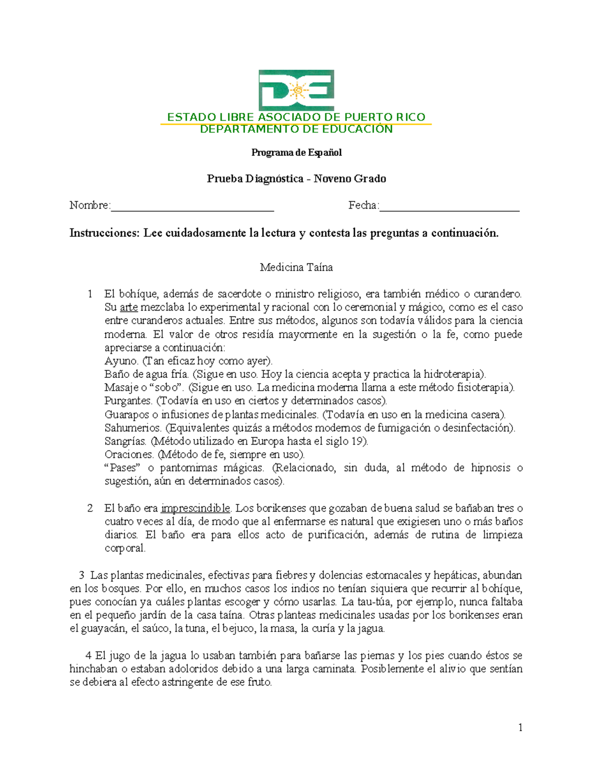 Prueba Diagnóstica de Español 9: Medicina Taína y Comprensión de ...