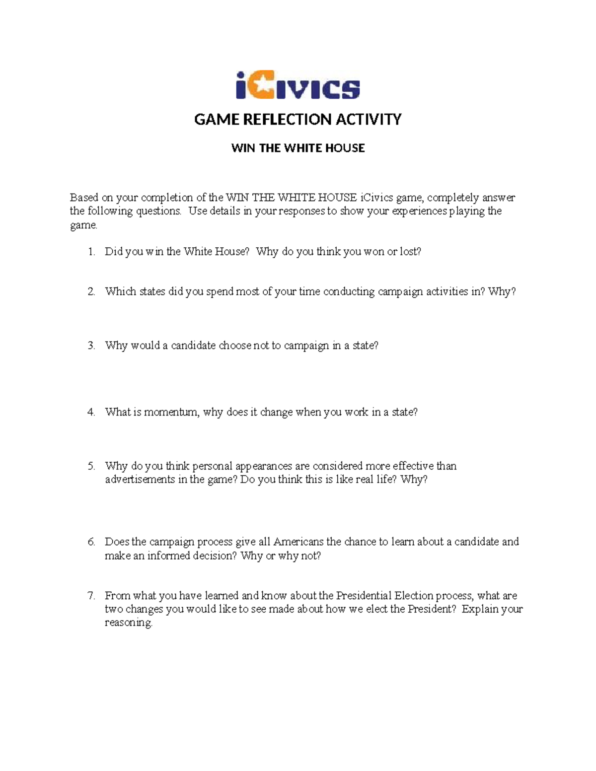 I Civics GAME Reflection: Win the White House Activity - Studocu