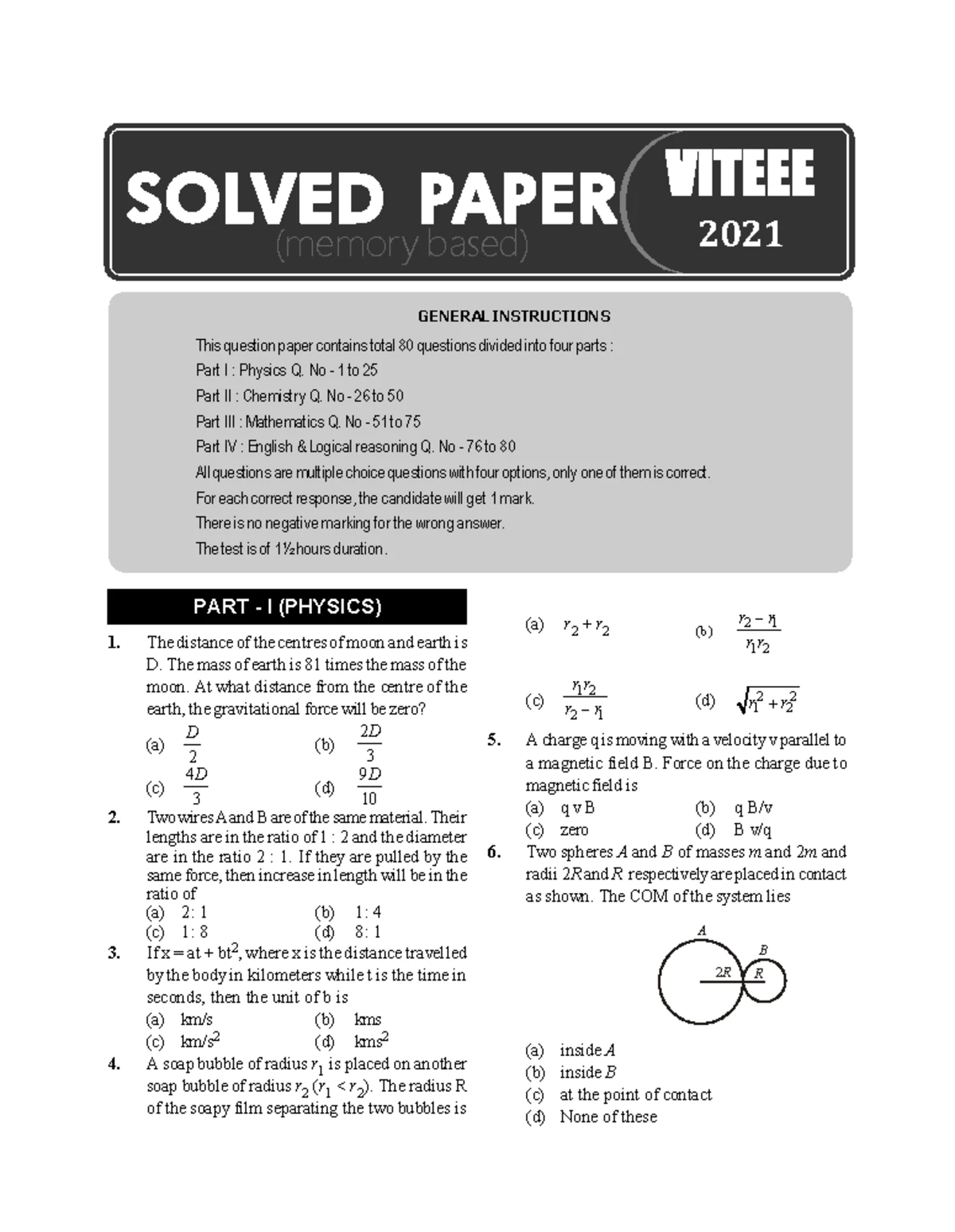VITEEE 2024 Solved Paper: Memory-Based Questions and Answers - Studocu