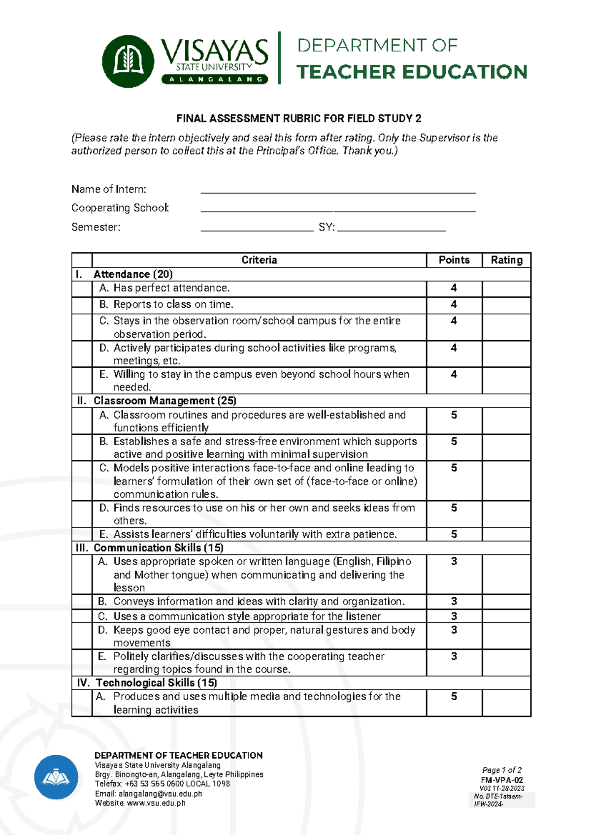 FINAL ASSESSMENT RUBRIC FOR FIELD STUDY 2 - Studocu