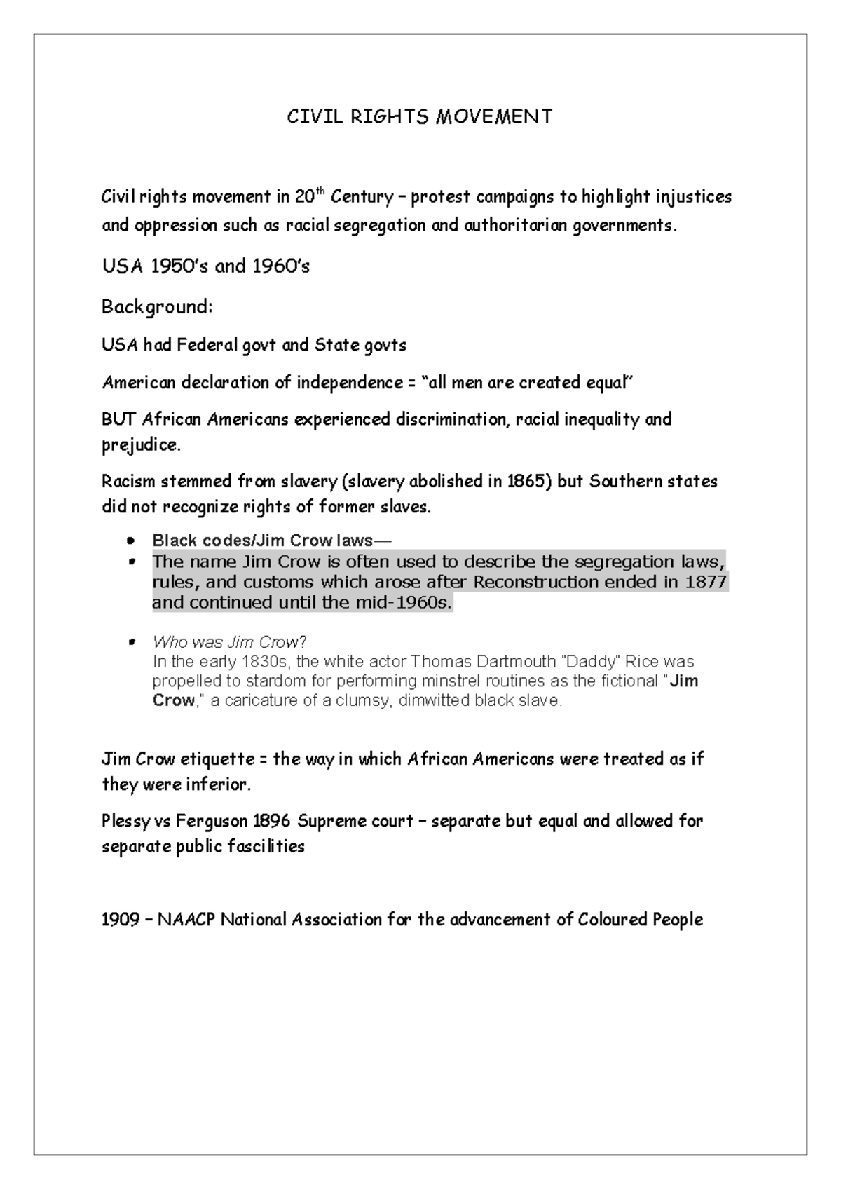 Civil Rights Movement Overview (CS) - Key Events and Impact - Studocu