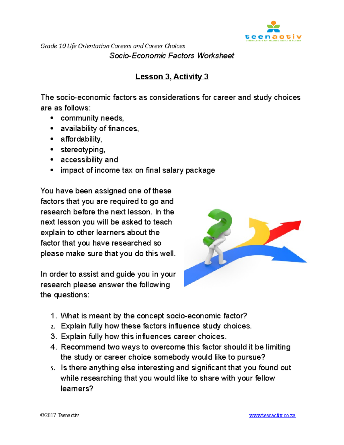 Lesson 3 - Socio-Economic Factors in Career Choices (Grade 10) - Studocu