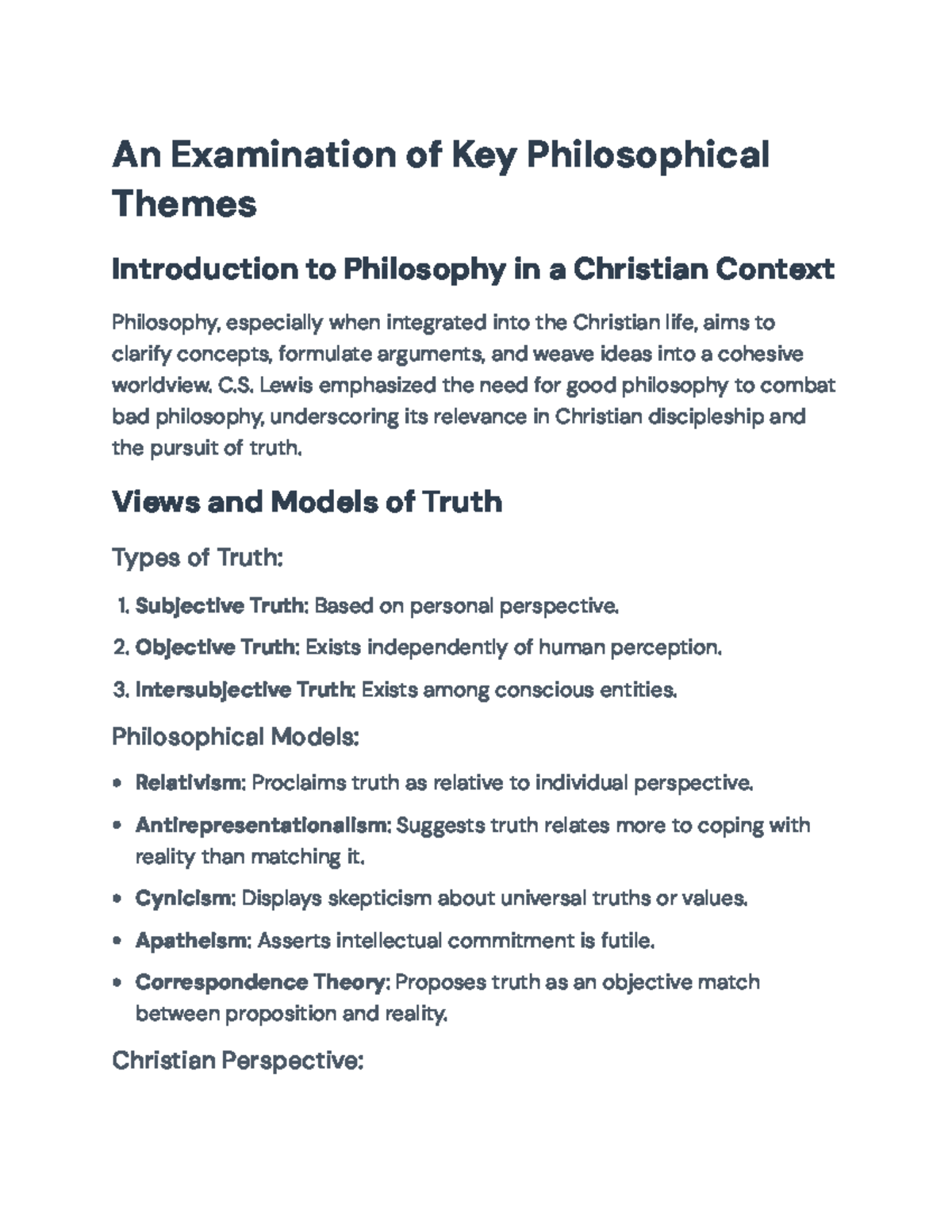 Final Exam Study Guide: Key Philosophical Themes in a Christian Context ...