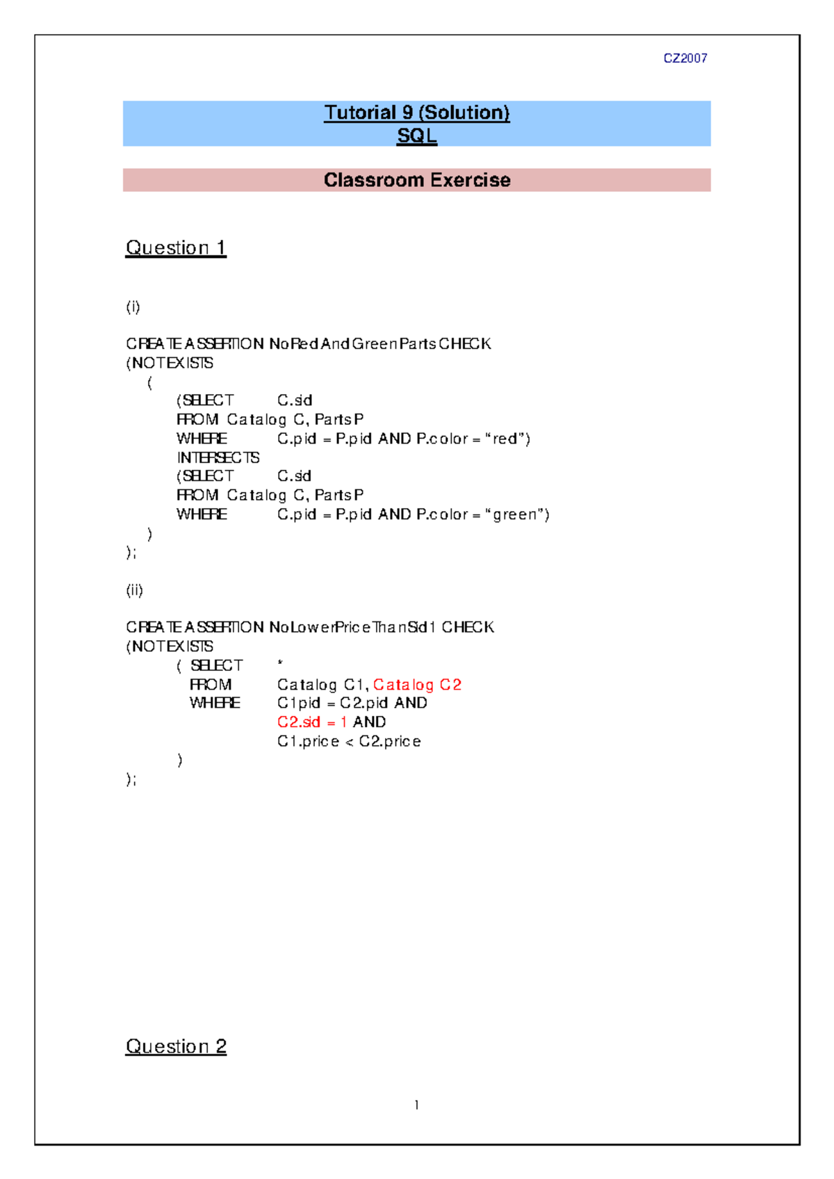 CZ2007 Tutorial 9 solutions for SQL classroom exercises and triggers ...