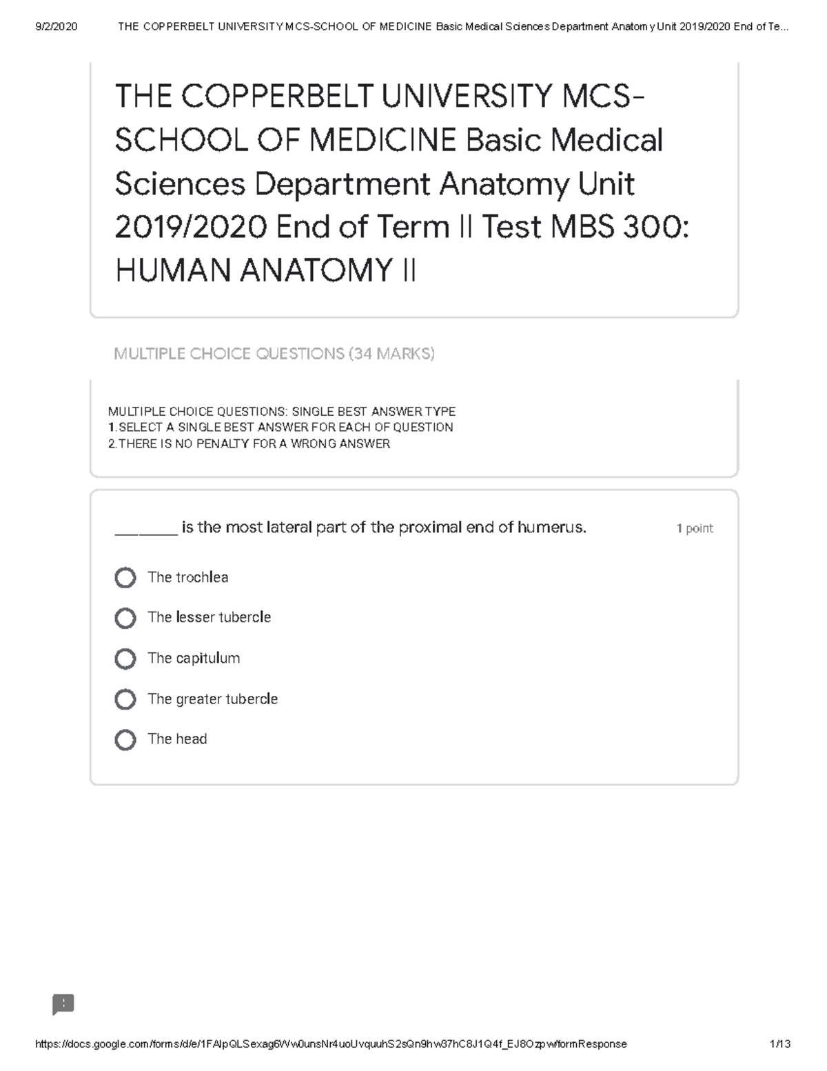 Anatomy MBS 200 - MULTIPLE CHOICE QUESTIONS (34 MARKS) MULTIPLE CHOICE ...