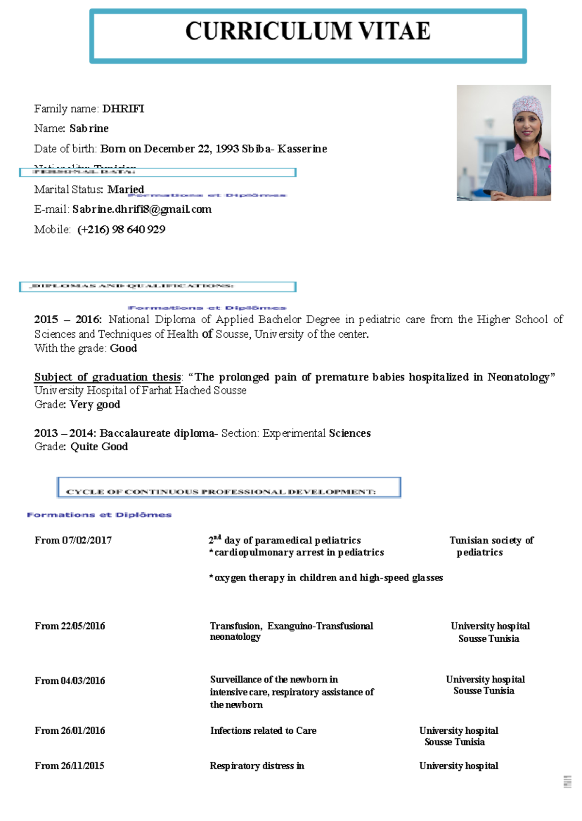 Cv 241209 eng - Cgnvghj - Family name: DHRIFI Name: Sabrine Date of ...